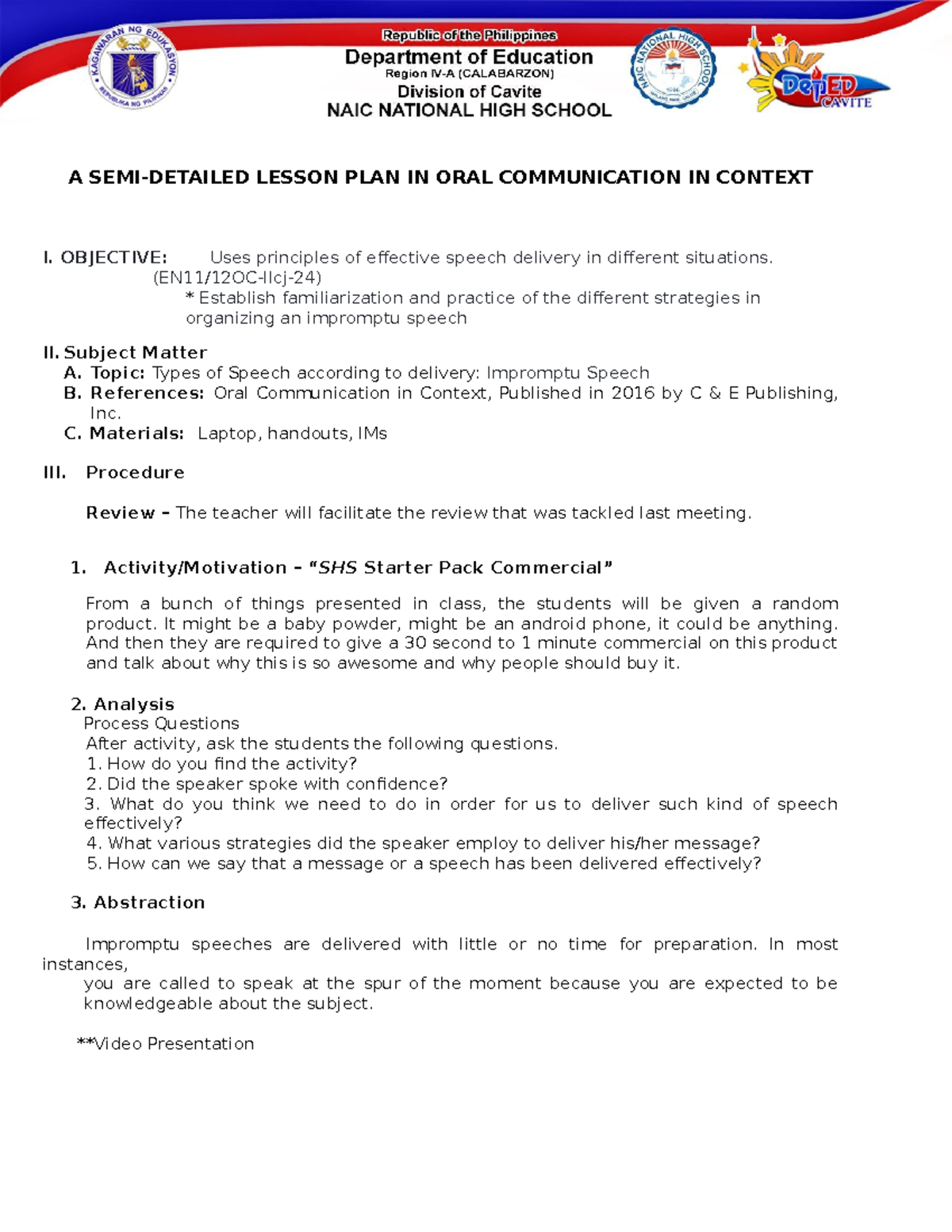 lesson plan for college students - A SEMI-DETAILED LESSON PLAN IN ORAL ...