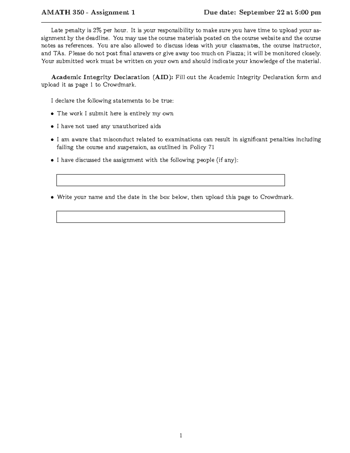 Assignment 1 for AMATH - AMATH 350 - Assignment 1 Due date: September ...