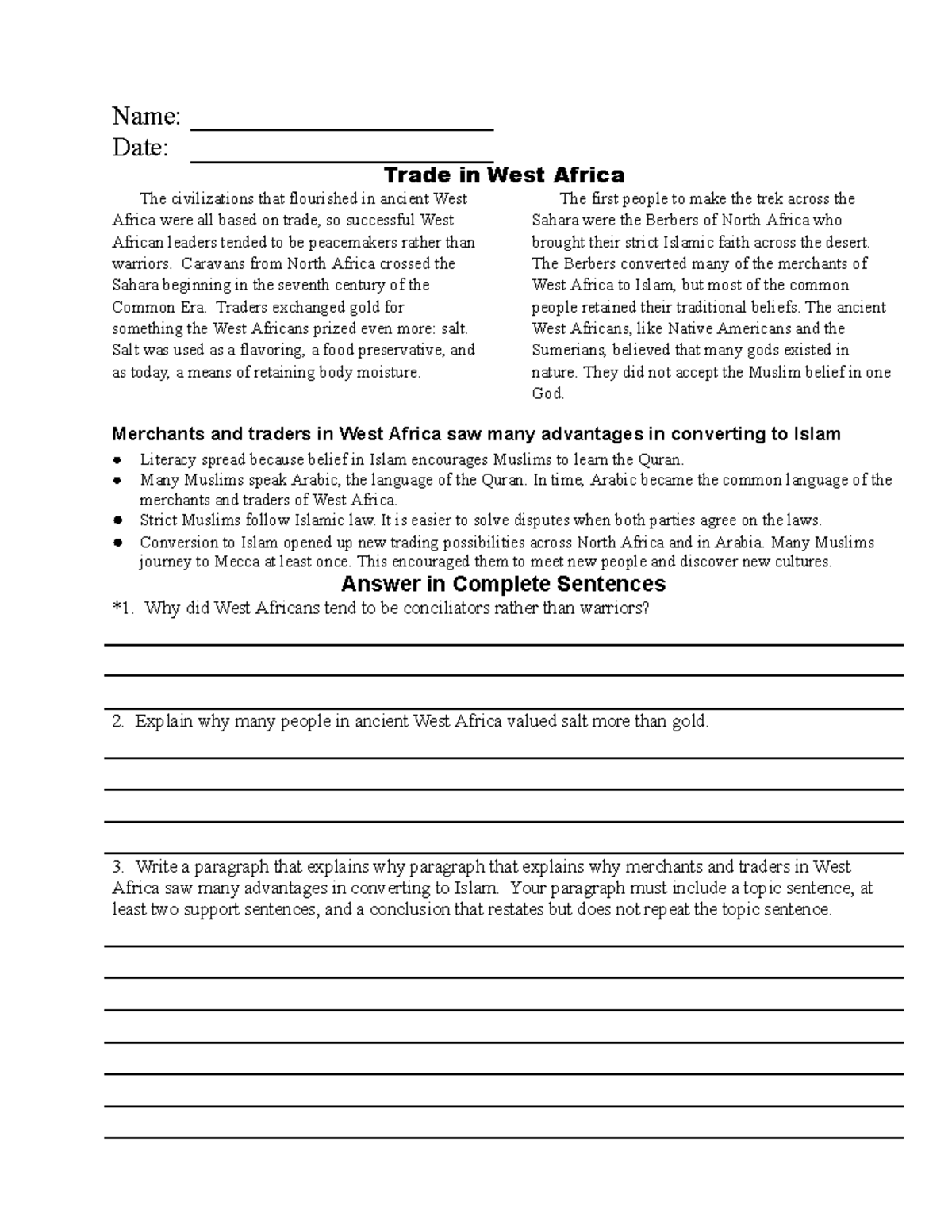 Trade in West Africa - Name: Date: Trade in West Africa The ...