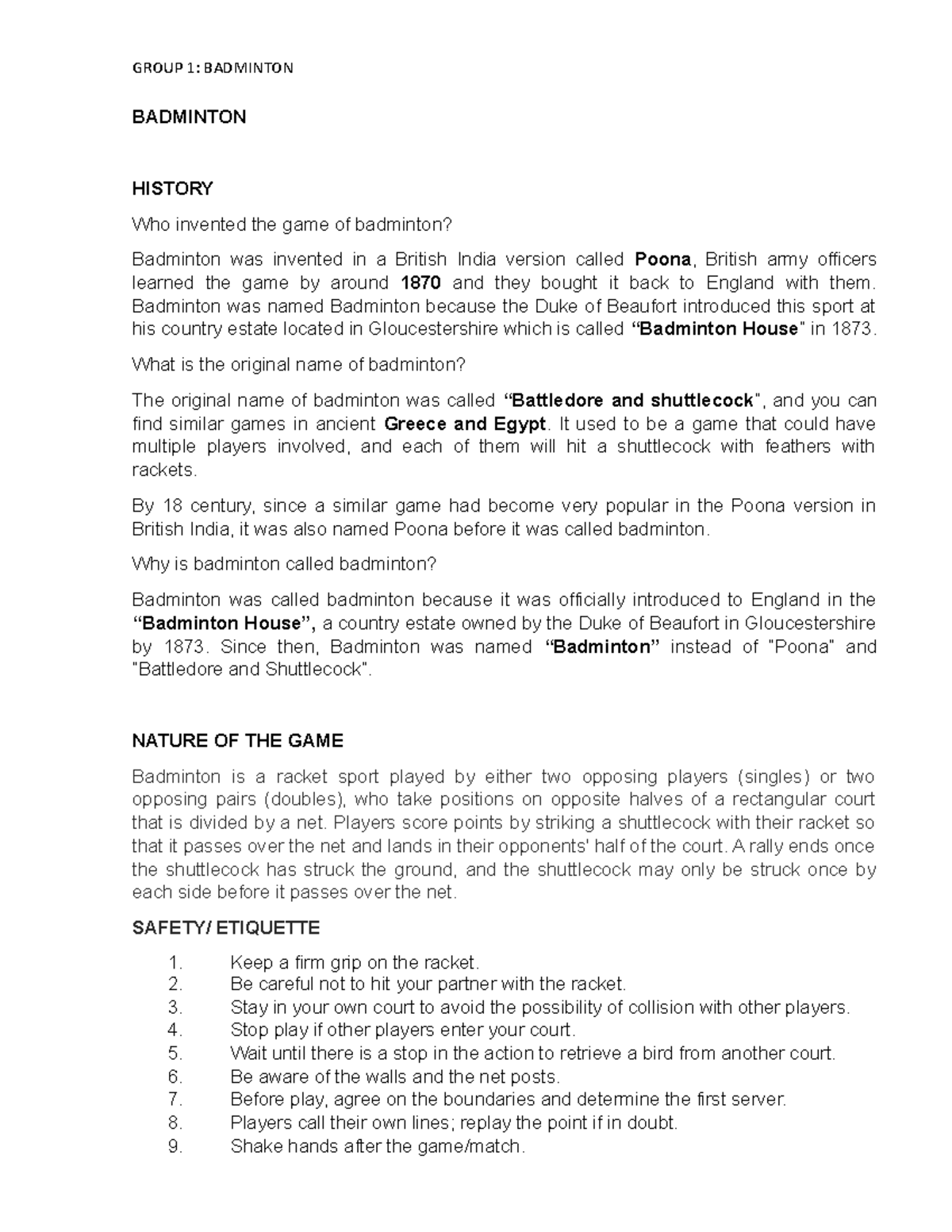 Group- Report- Badminton - BADMINTON HISTORY Who invented the game of ...