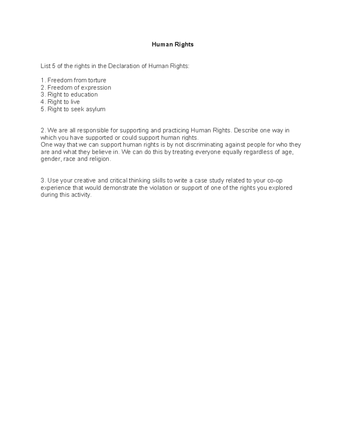 Unit 2 Activity 1 - Human Rights - Human Rights List 5 of the rights in ...