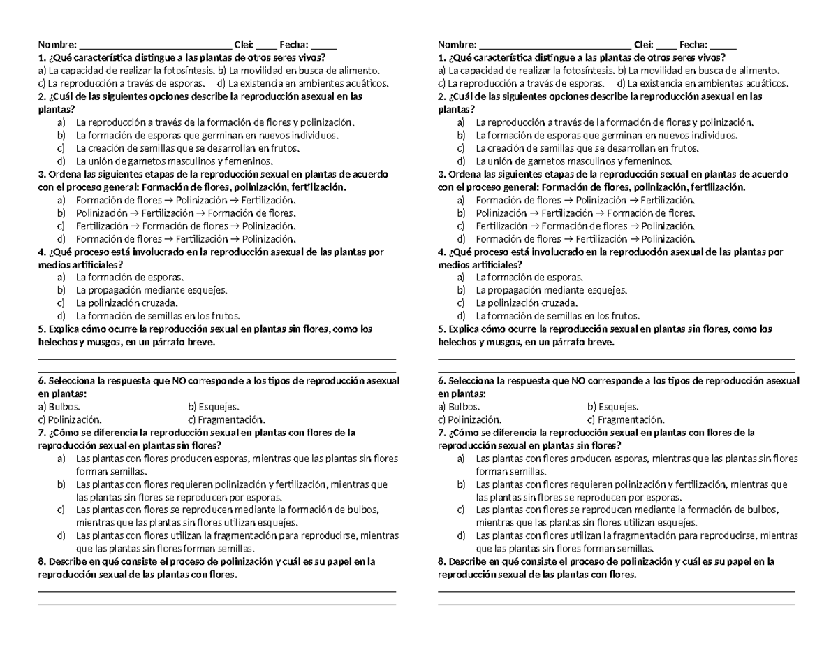 Examen sobre las Plantas - Nombre: _____________________________ Clei ...