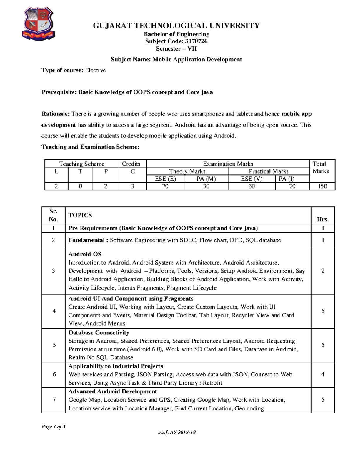 3170726 - android syllabus - GUJARAT TECHNOLOGICAL UNIVERSITY Bachelor of Engineering Subject ...