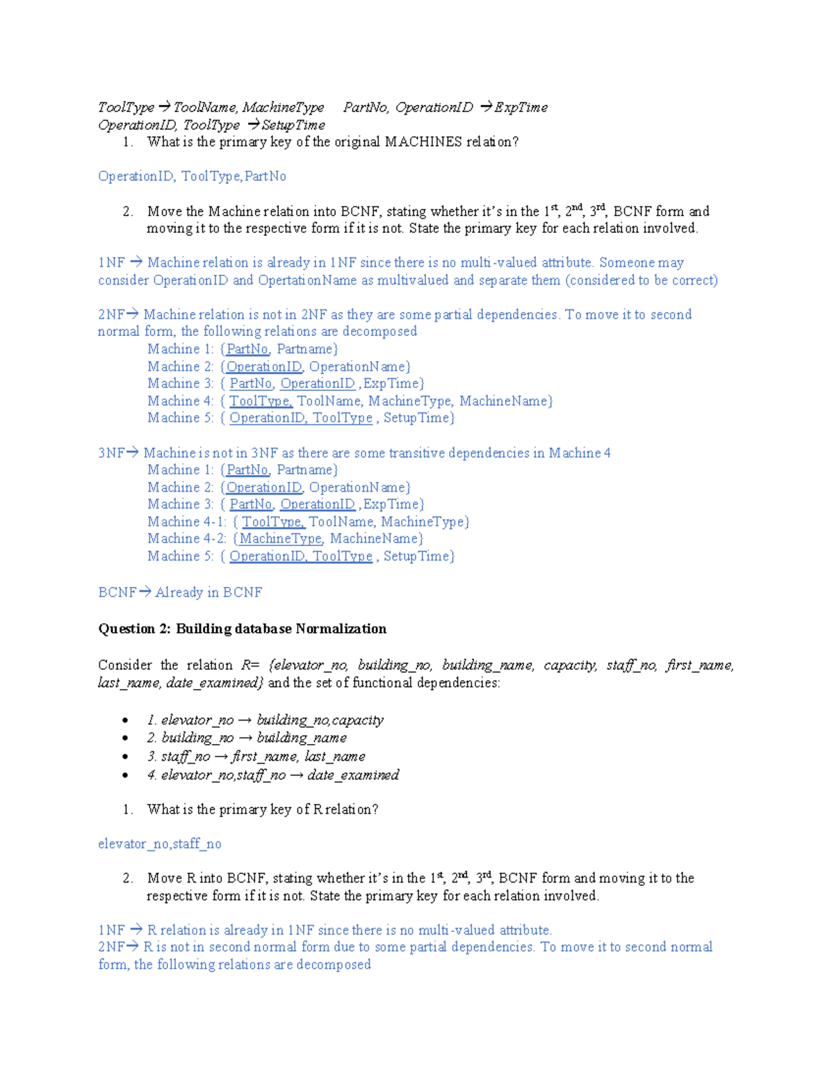 CS 4354 Homework 6 - ToolType ToolName, MachineType PartNo, OperationID ExpTime OperationID ...
