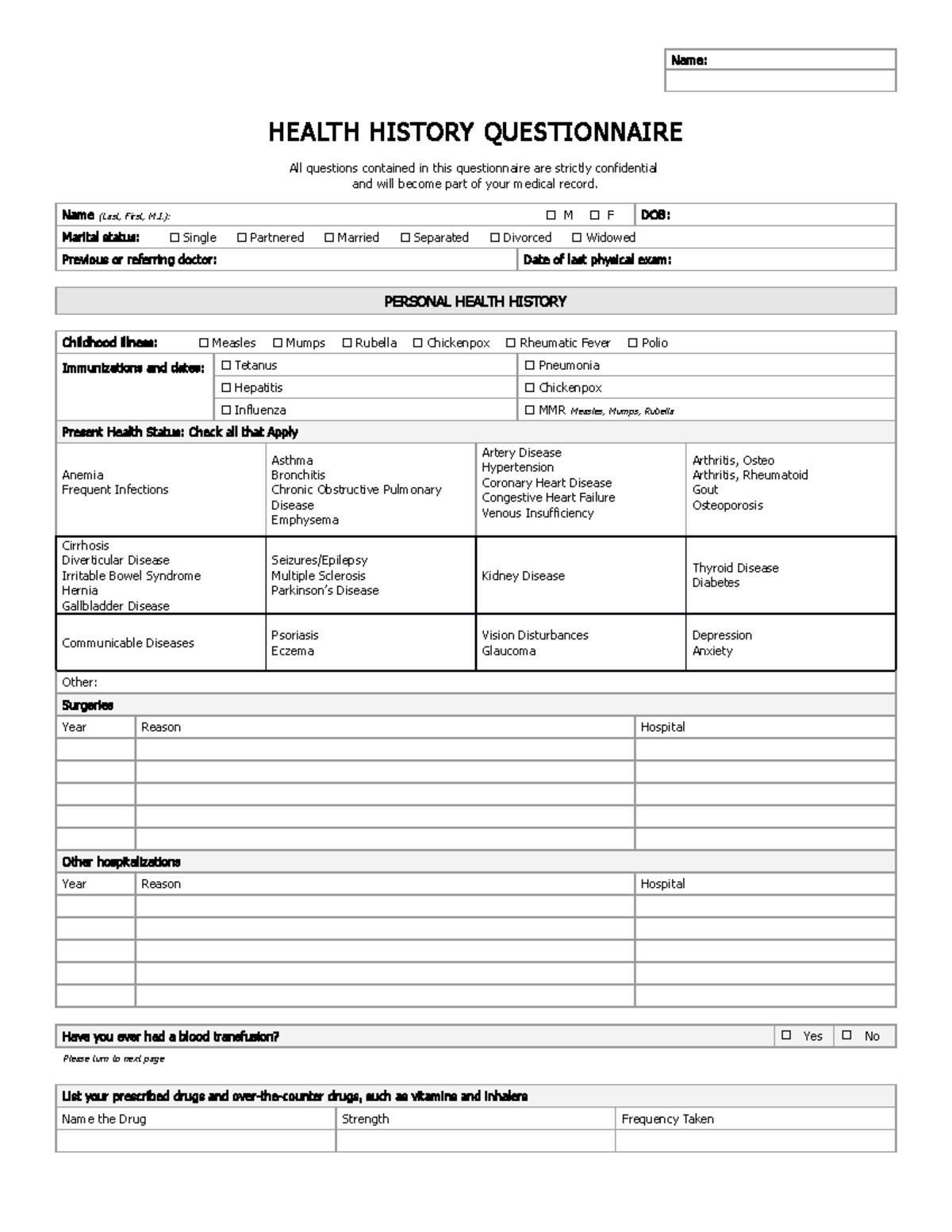 Health History Questionnaire NSG121 - Name: HEALTH HISTORY ...