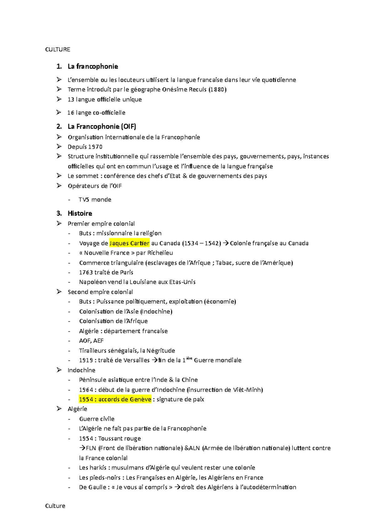 Culture - CULTURE 1. La francophonie L’ensemble ou les locuteurs ...
