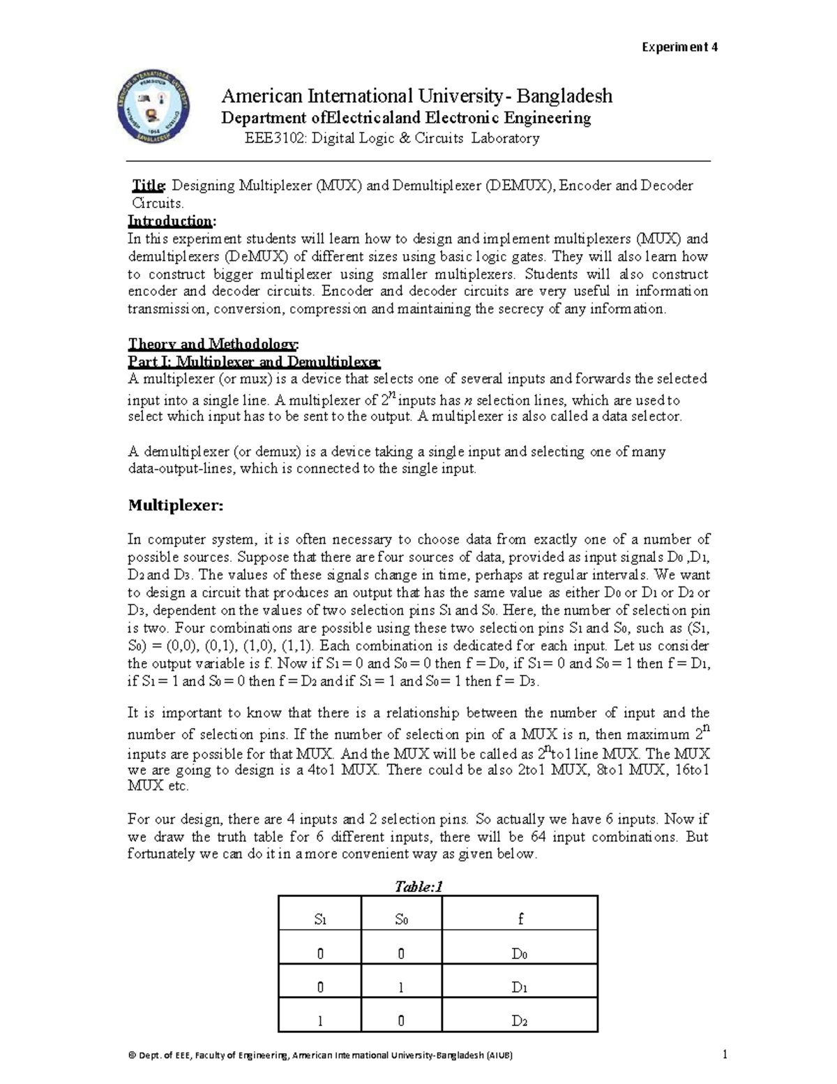 DLC LAB 04 student manual - Experiment 4 American International University- Bangladesh ...