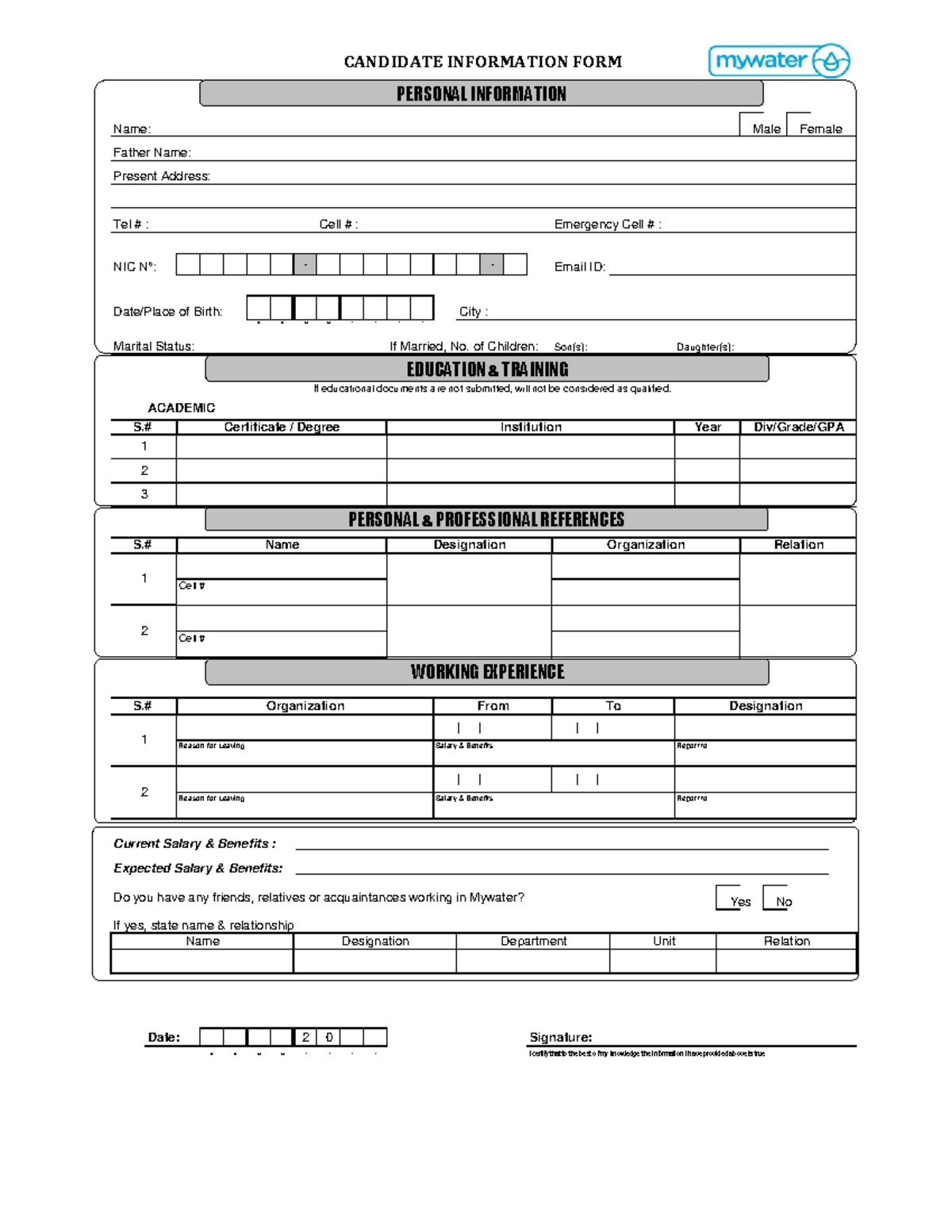 Candidate Information Form - CANDIDATE INFORMATION FORM Name: Male ...