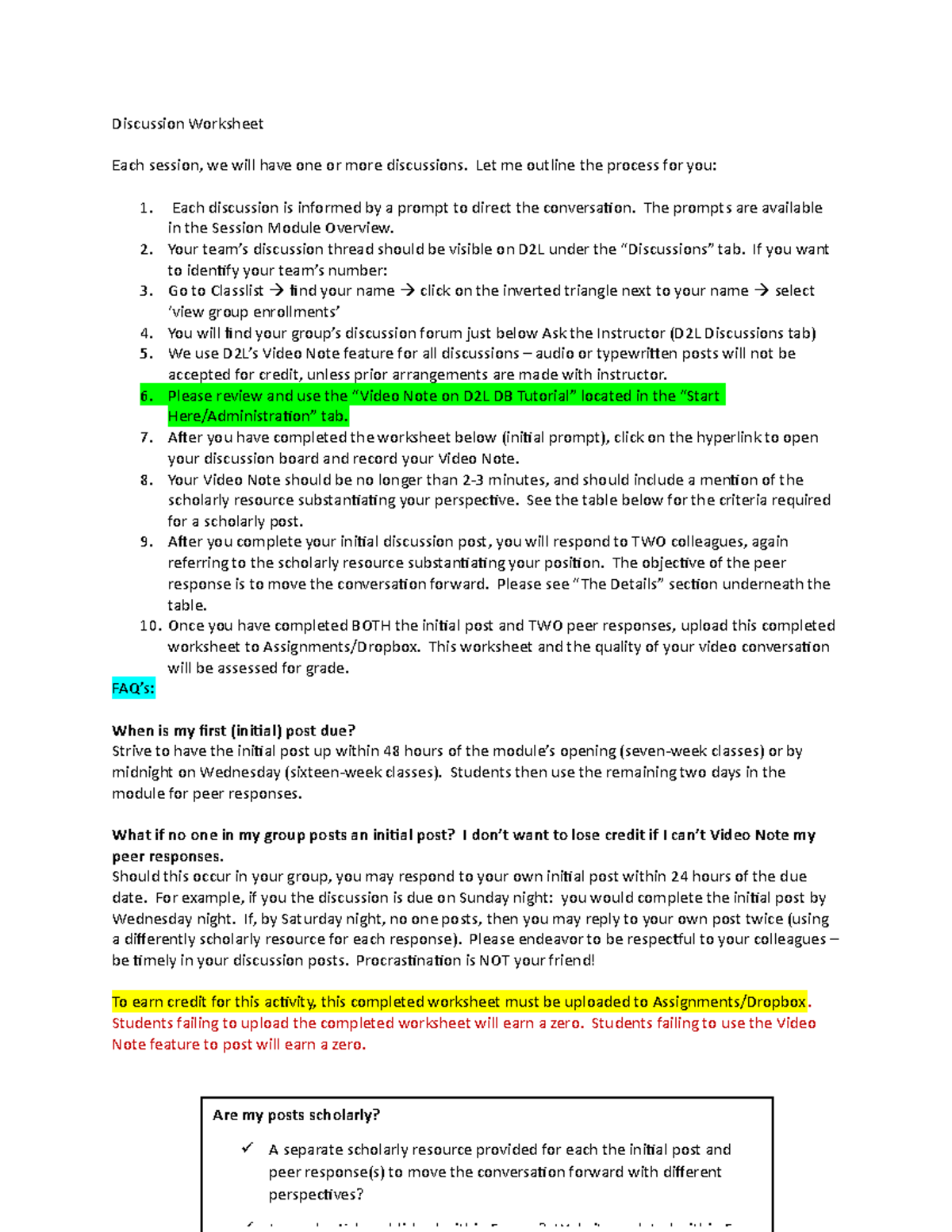 306 Discussion Worksheet 1 - Discussion Worksheet Each session, we will ...