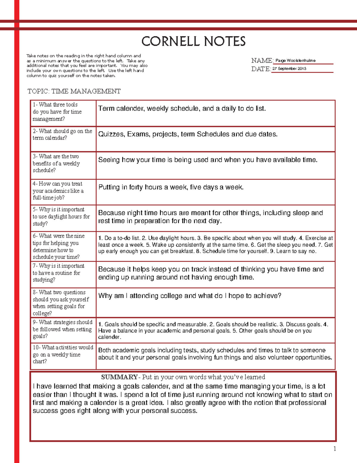 College SuccessCornellNotes - CORNELL NOTES Take notes on the reading ...