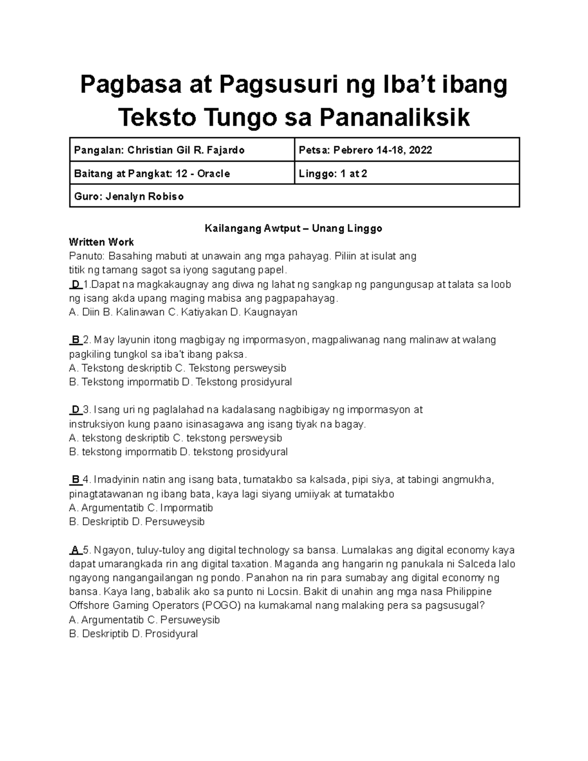 Fajardo W1 Q3 Pagbasa At Pagsusuri - Pagbasa at Pagsusuri ng Iba’t ...