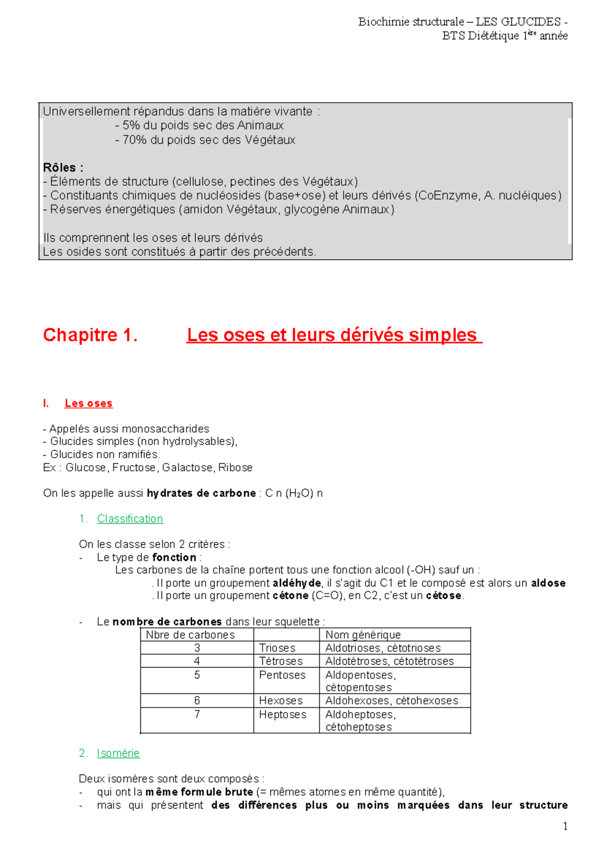 I. Les oses et leurs dérivés - BTS Diététique 1ère année Universellement répandus dans la ...