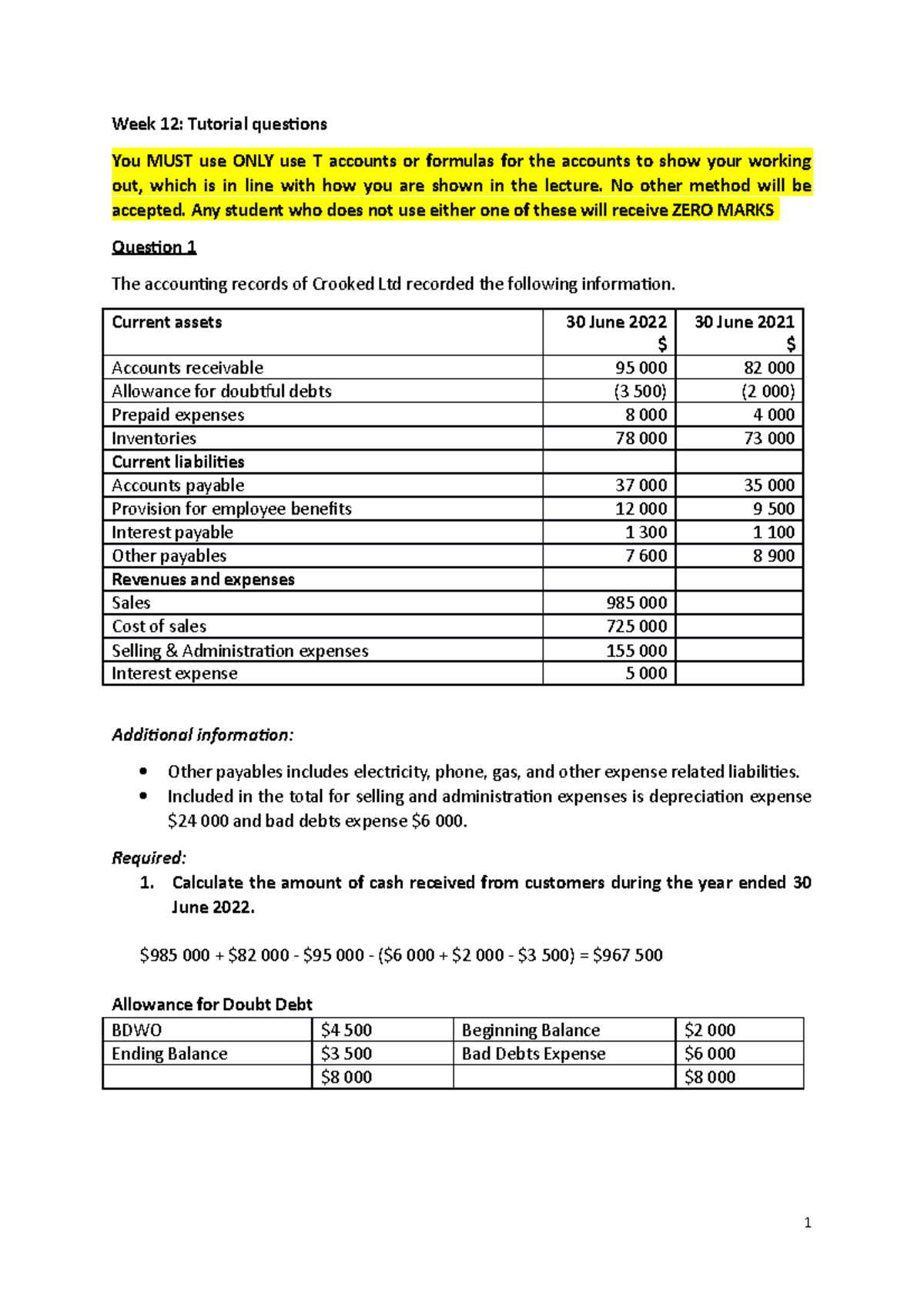 Week 12 Tutorial Questions (1) accy 200 - Week 12: Tutorial questions You MUST use ONLY use T ...