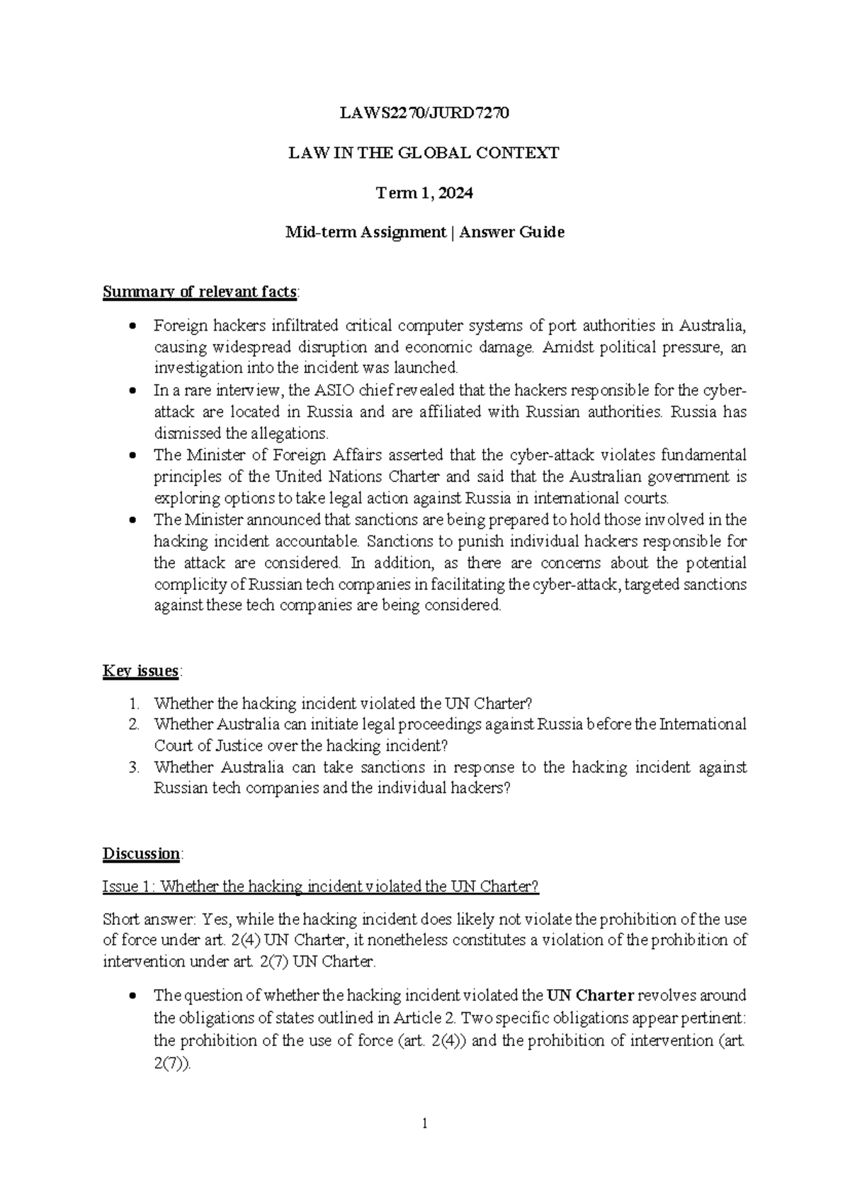 LRW Assessment T1 2024 - Answer guide -Final - LAWS2270/JURD LAW IN THE ...