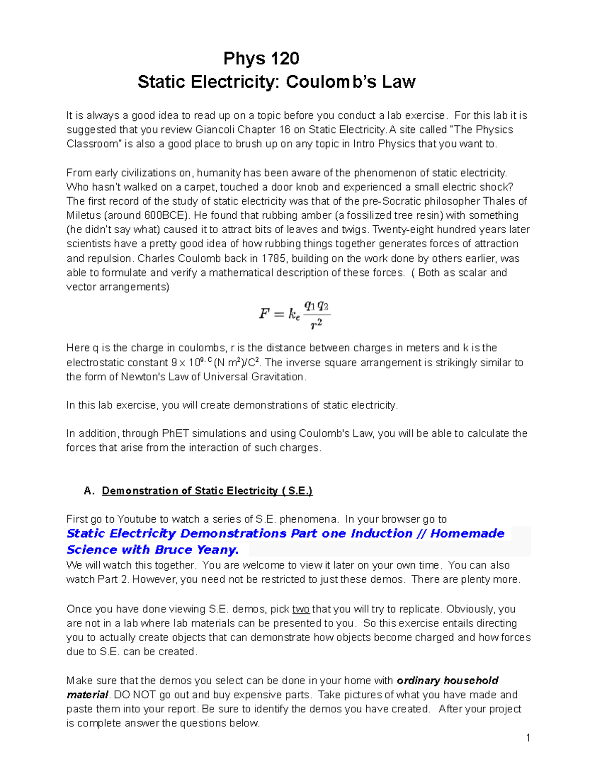 Phys lab 1 - Lab report - Phys 120 Static Electricity: Coulomb’s Law It ...