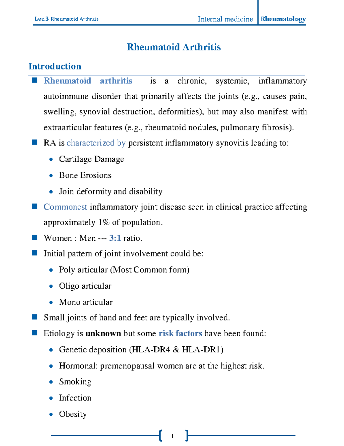 Rhumatoid arthritis handout - Rheumatoid Arthritis Introduction ...