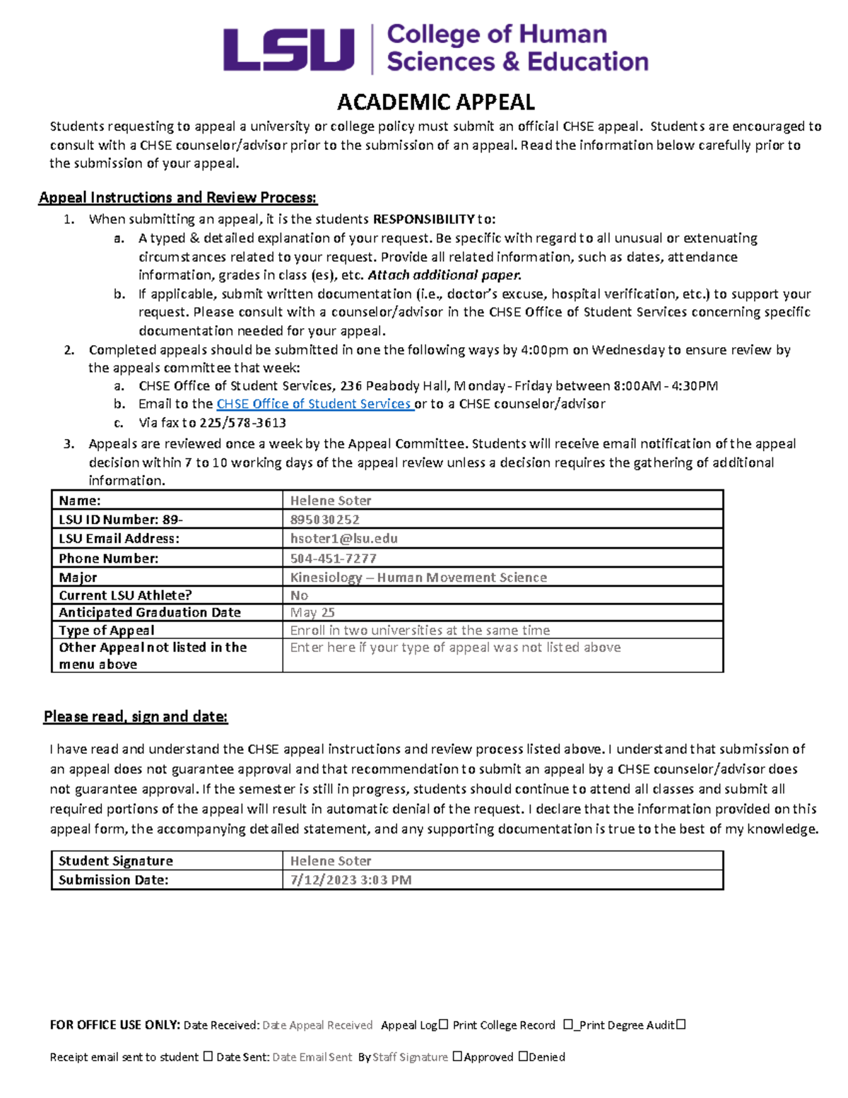 Academic Appeal Form - good notes - FOR OFFICE USE ONLY: Date Received ...