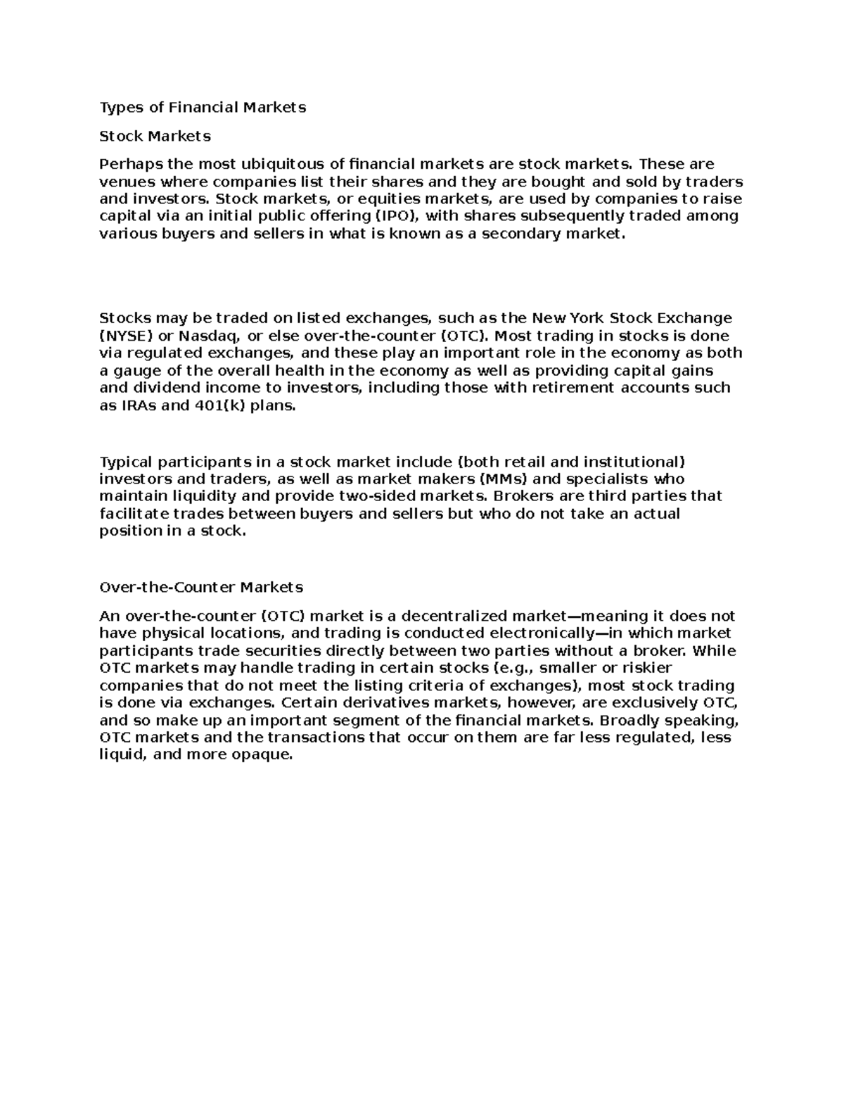 Financial markets topic 5 - Types of Financial Markets Stock Markets ...