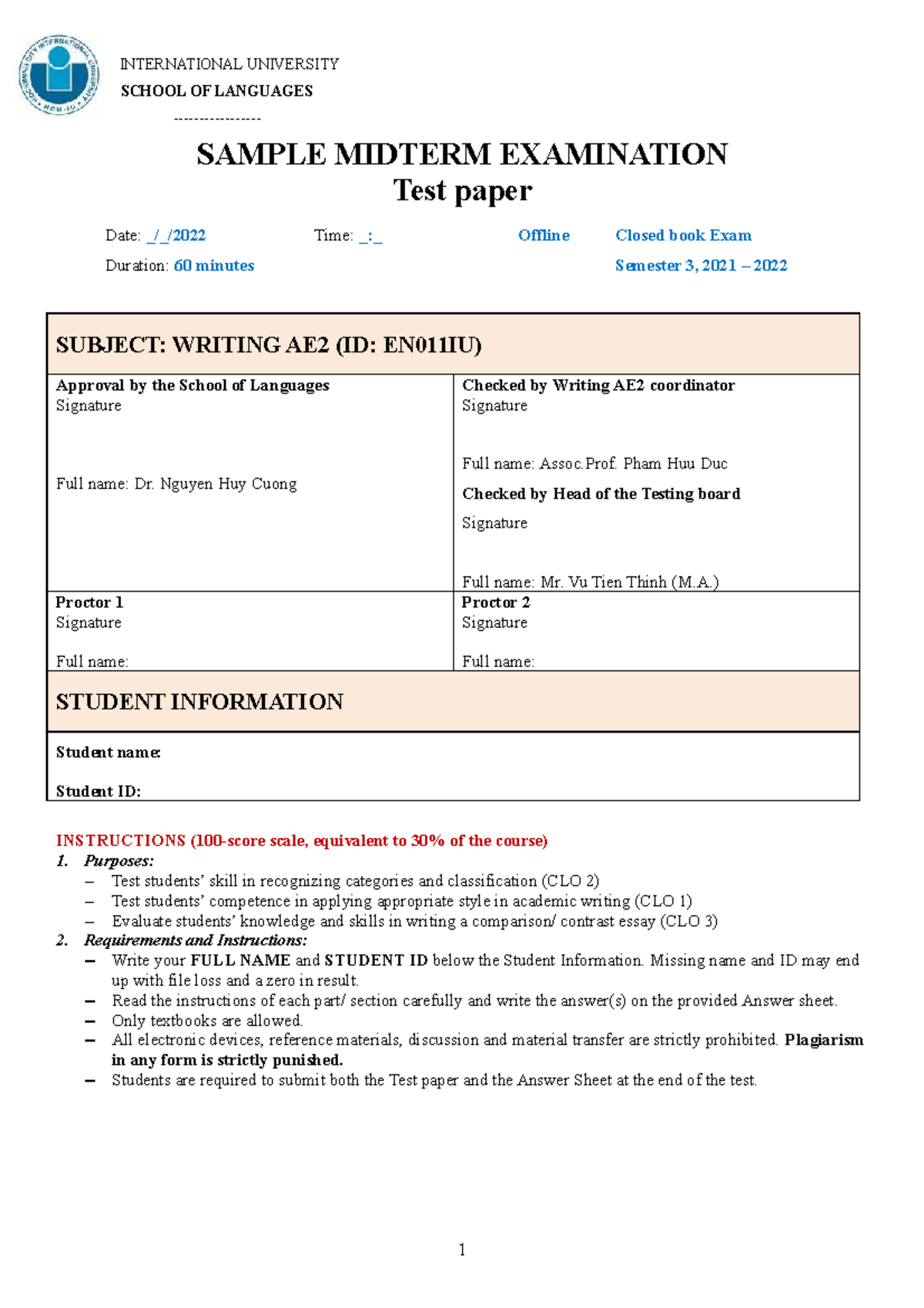 AE2 Writing Midterm Sample Test (since 2223) - Test paper ...