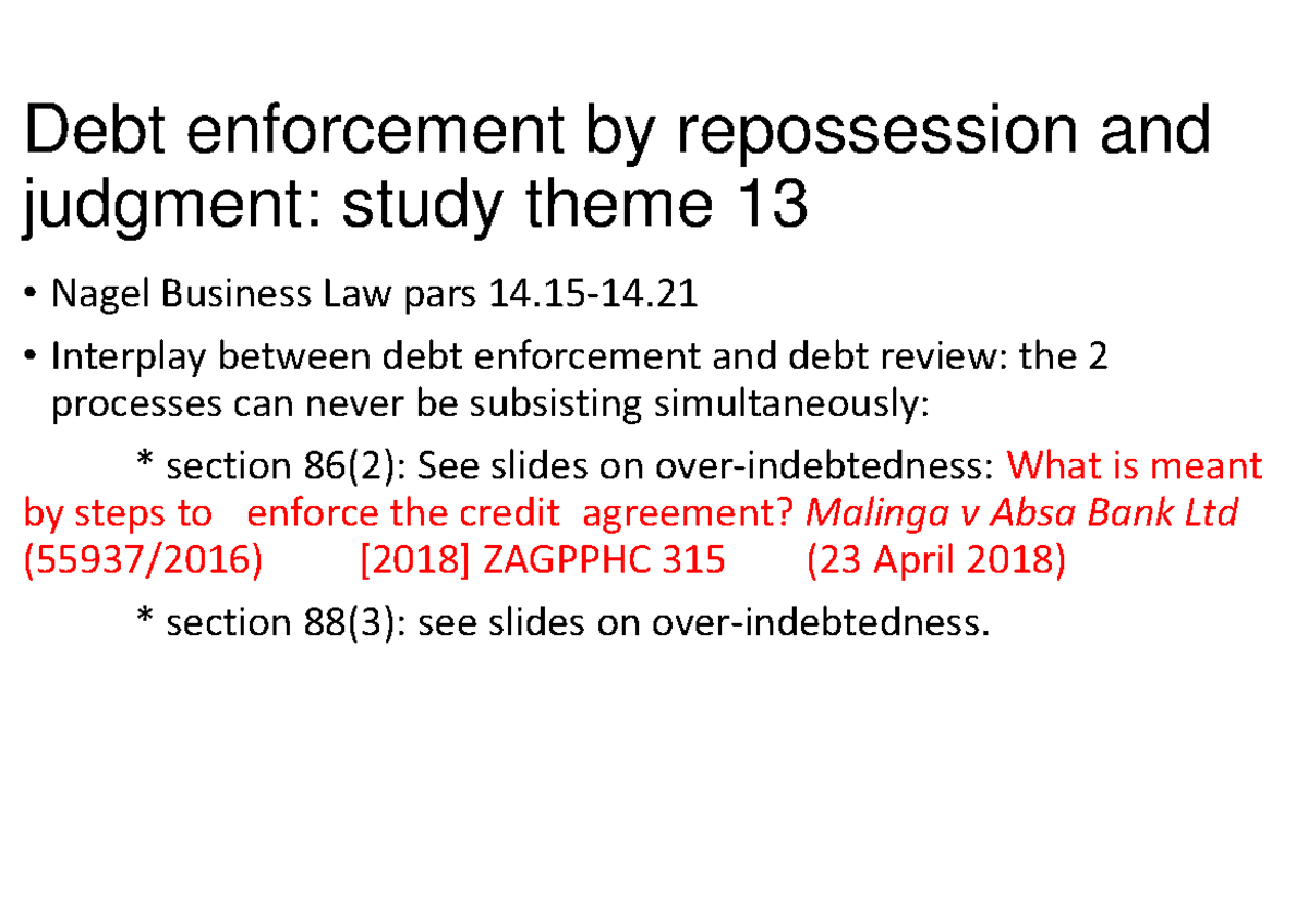 Enforcement slides - Lecture notes. - Debt enforcement by repossession ...