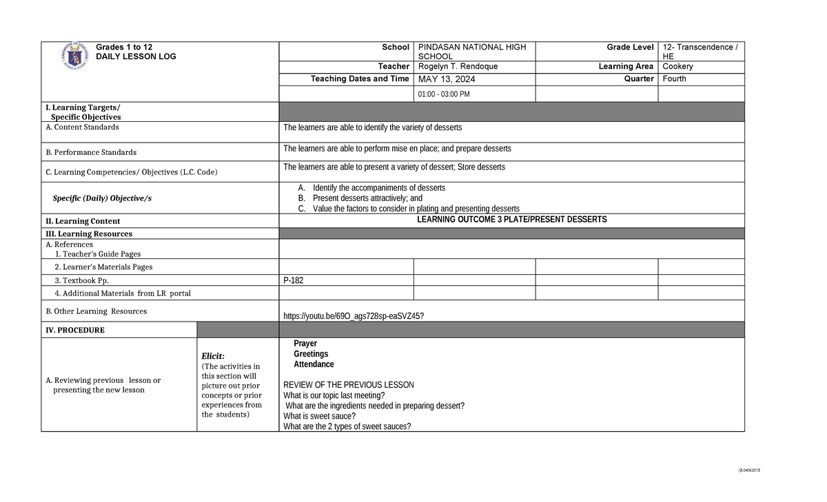 9th demo major - Grades 1 to 12 DAILY LESSON LOG School PINDASAN NATIONAL HIGH SCHOOL Grade ...
