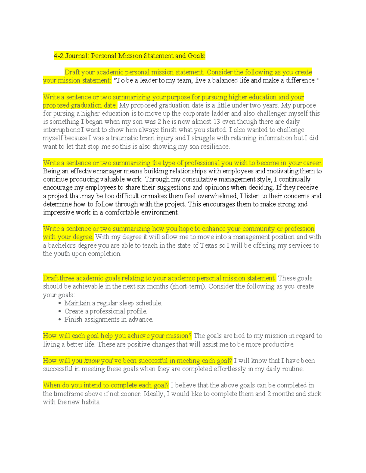 Week 4 Journal - Week 4 Journ - 4-2 Journal: Personal Mission Statement ...