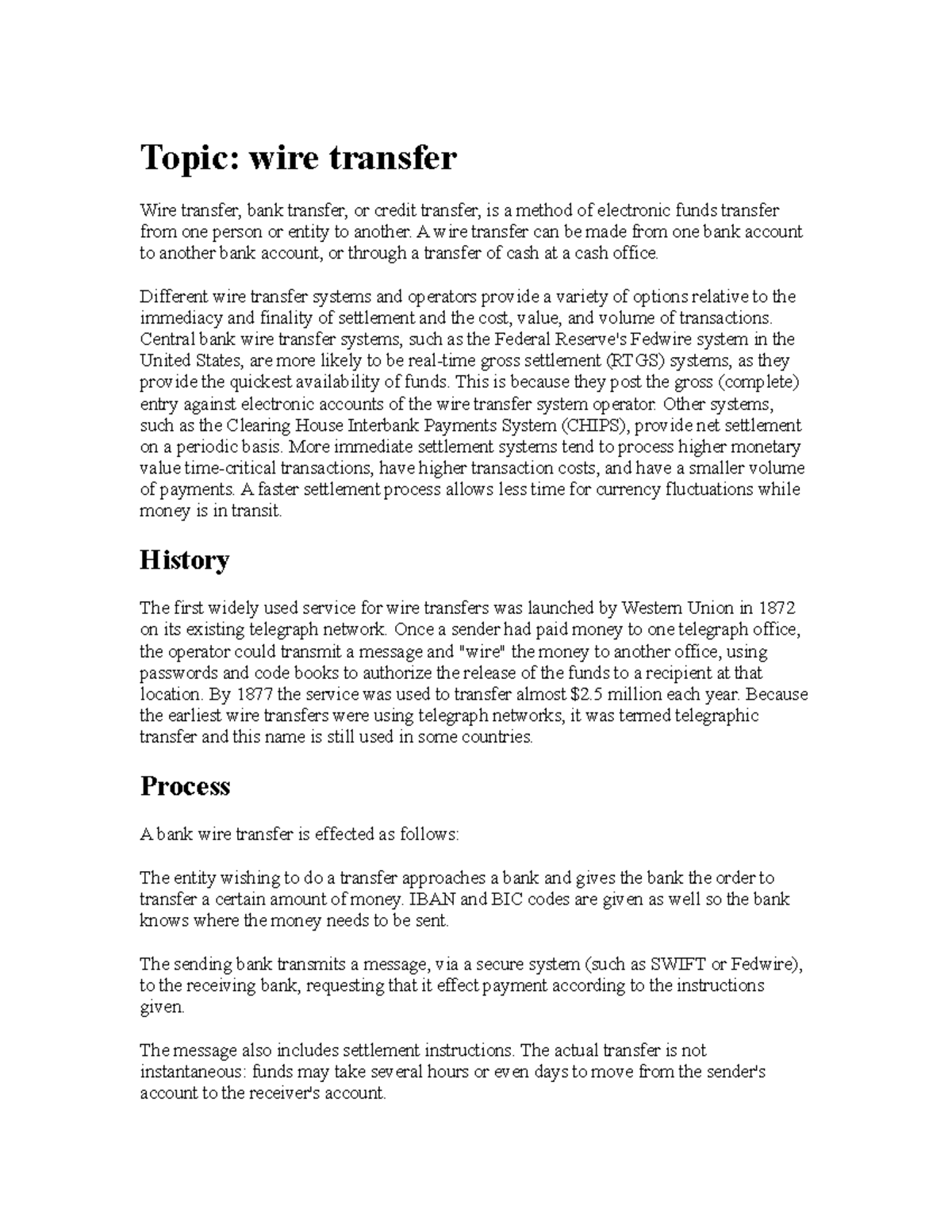 Wire transfer - Topic: wire transfer Wire transfer, bank transfer, or ...