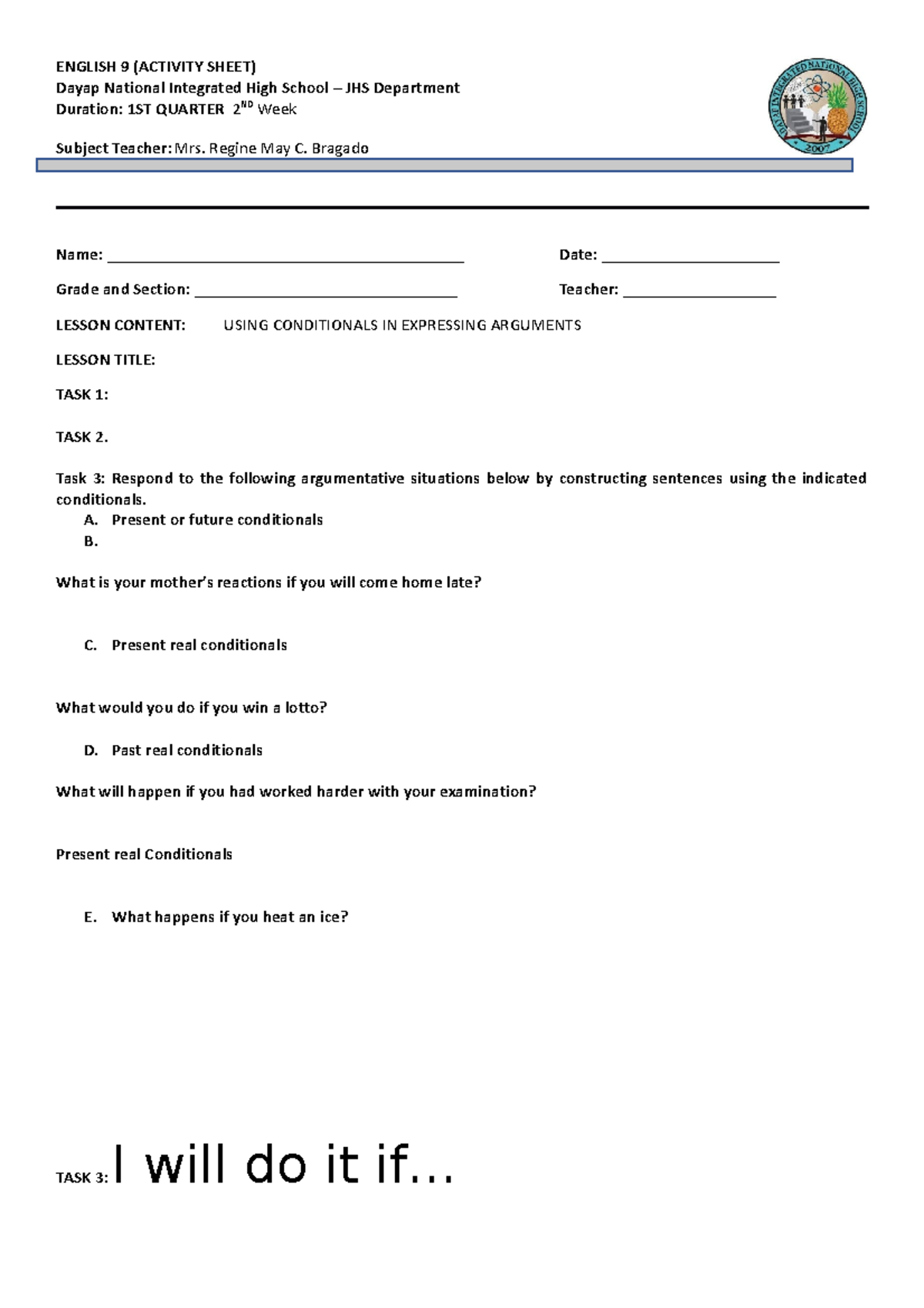 CO2-AS- Cohesion AND Coherent - ENGLISH 9 (ACTIVITY SHEET) Dayap ...