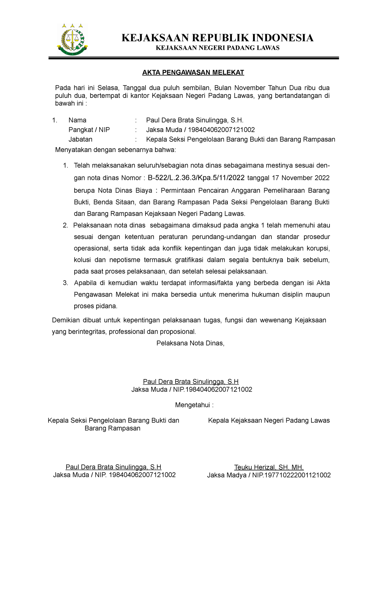 Akta Waskat Pratut - KEJAKSAAN REPUBLIK INDONESIA KEJAKSAAN NEGERI ...