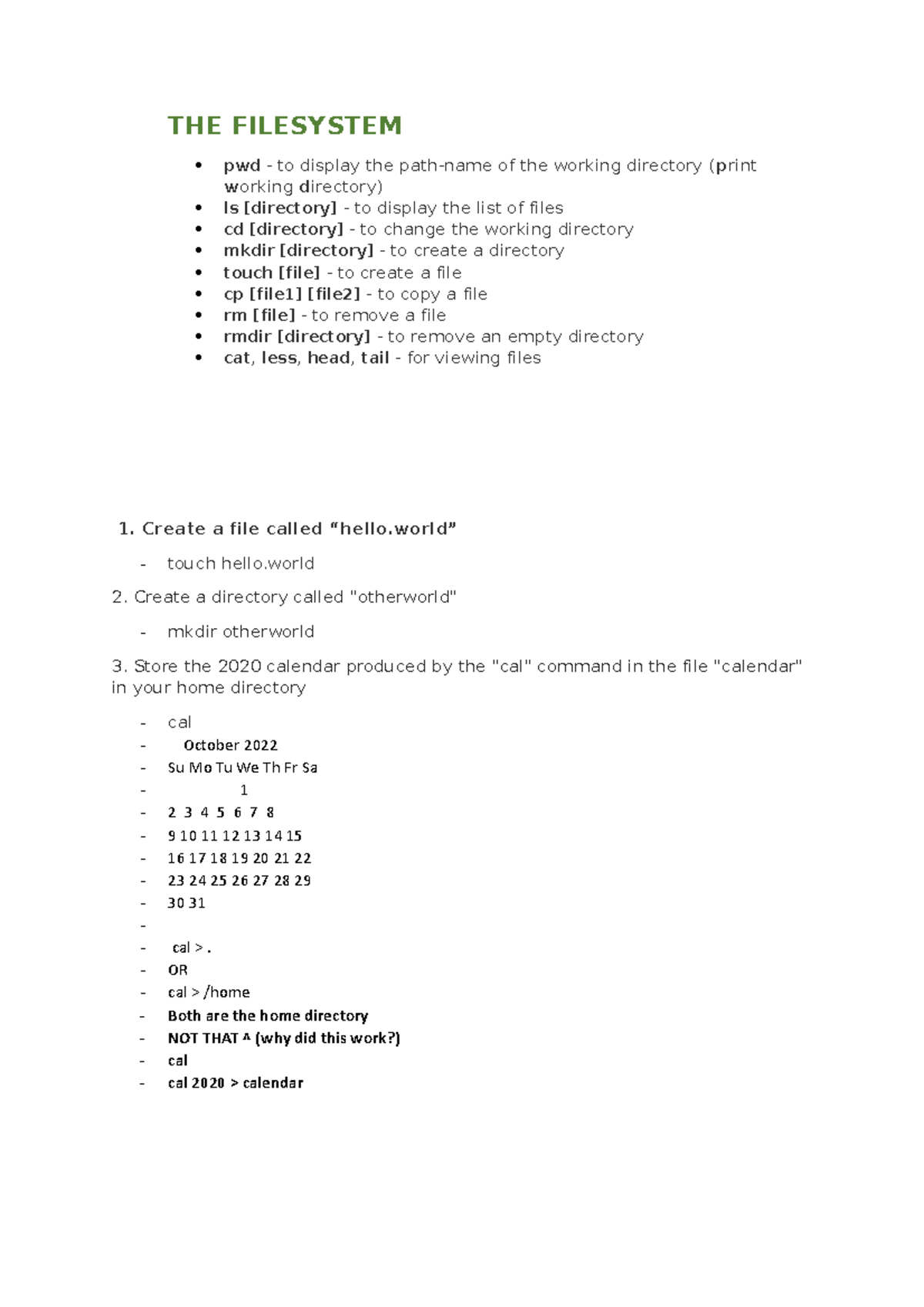 Websystem Notes AND Questions - THE FILESYSTEM pwd - to display the ...