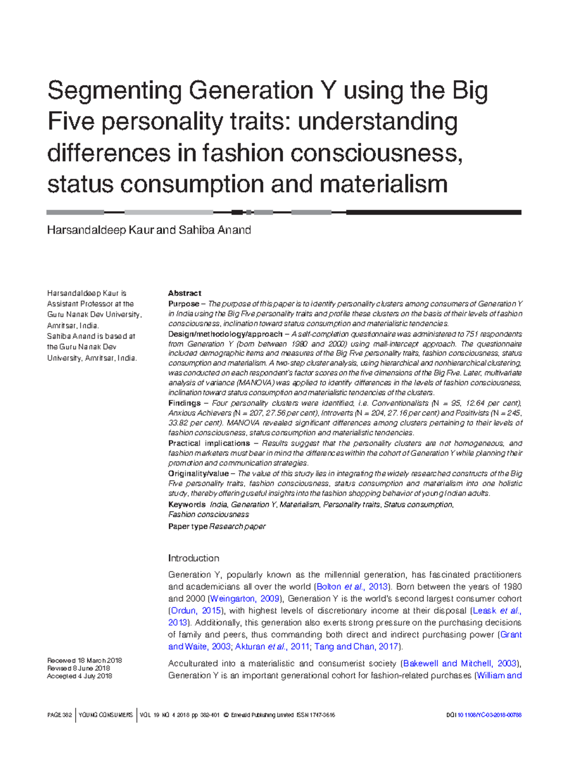 Article 1 - 4r423de24e - Segmenting Generation Y using the Big Five ...