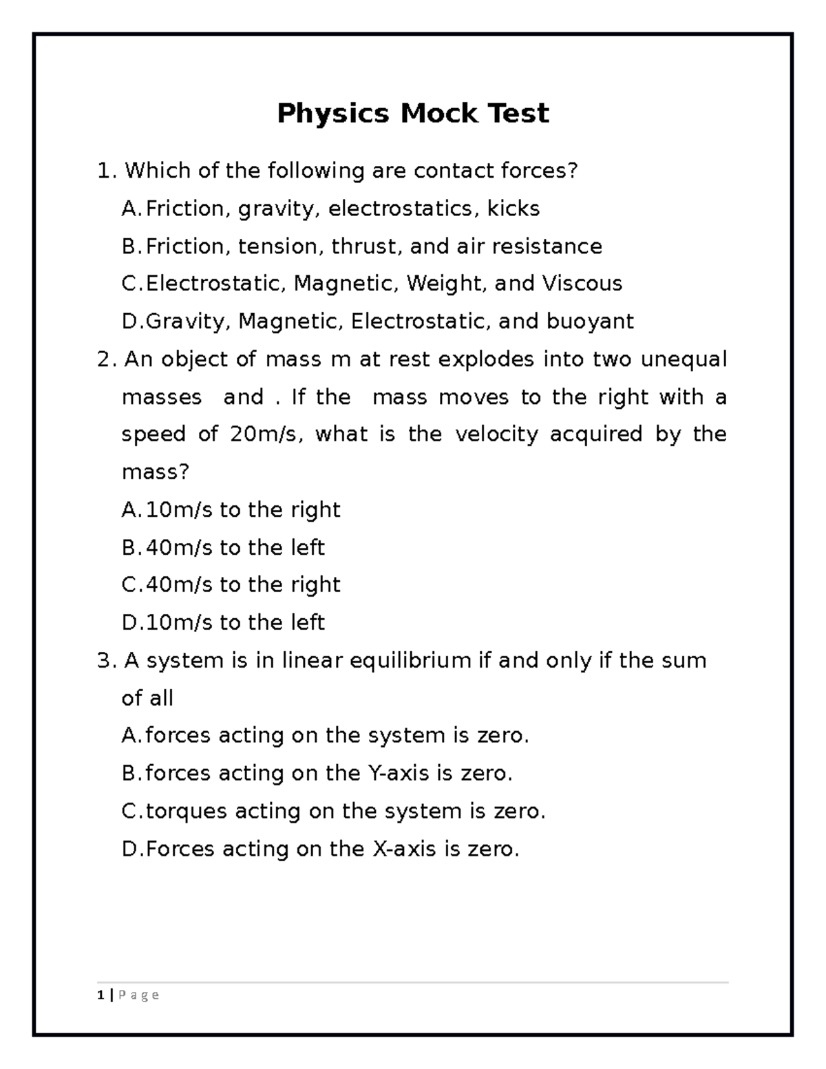 Physics Mock Test - Review Questions - Physics Mock Test Which of the ...