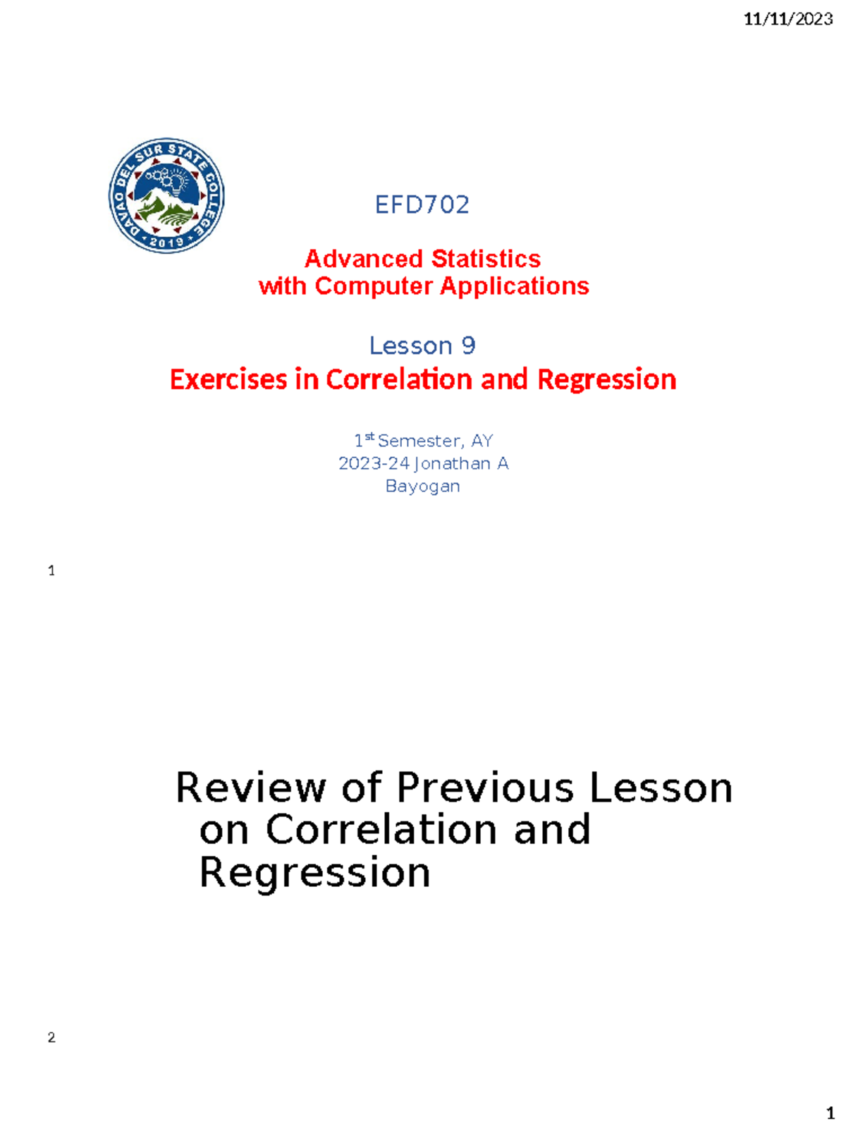 Lec 09 Exercises in Correlation and Regression - 2 EFD Advanced Statistics with Computer - Studocu
