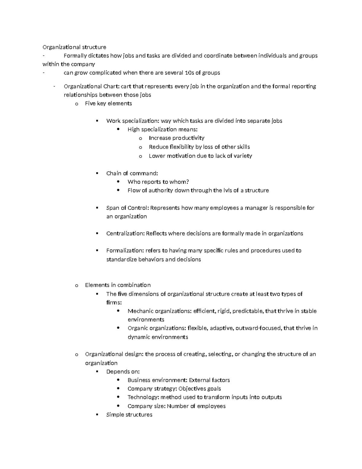 Organizational structure notes - Organizational structure Formally ...