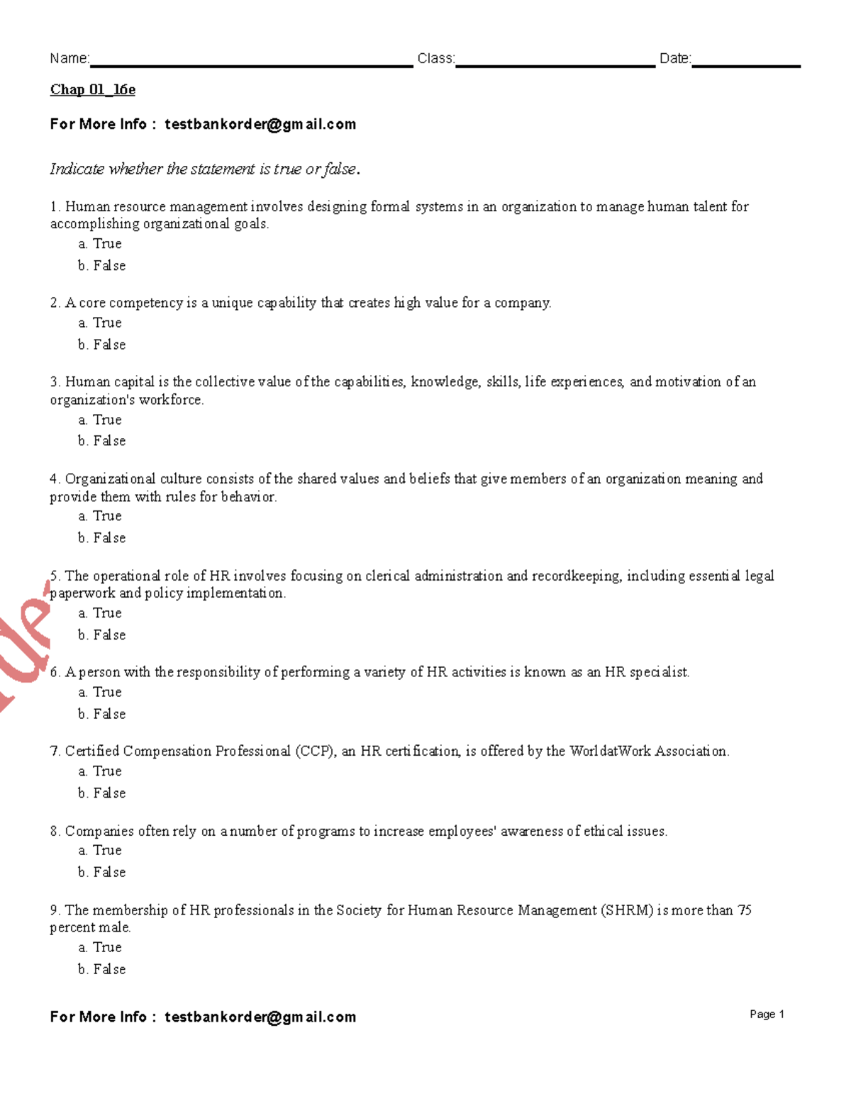 Test Bank and Solutions For Human Resource Management 16th Edition 16e ...