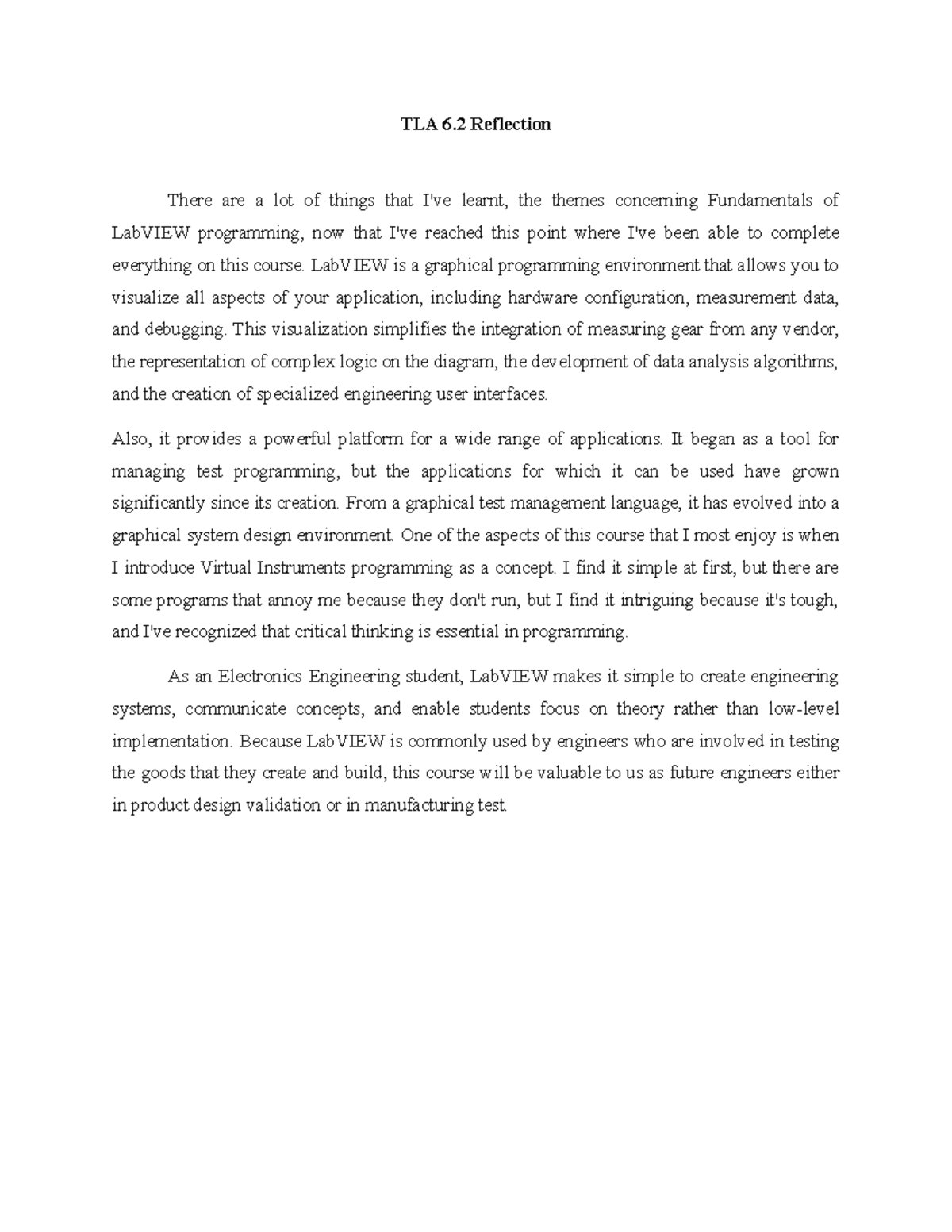 Reflection on TLA - Fundamentals Of Labview Programming - TIP - Studocu
