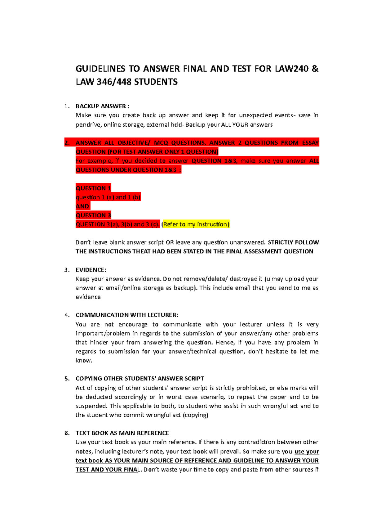 Guidelines FOR Final Assessment AND TEST LAW FOR Students version ...