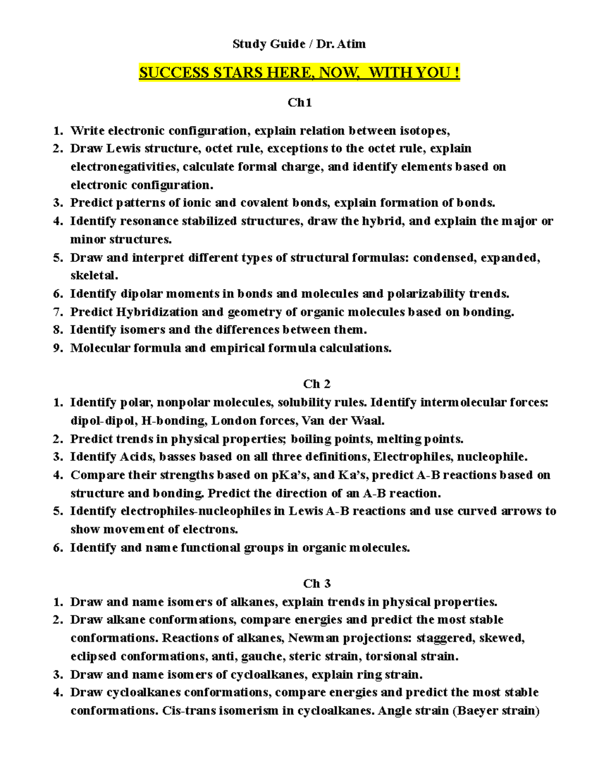 Study Guide Organic Chemistry Ch1-Ch3 - Study Guide / Dr. Atim SUCCESS ...