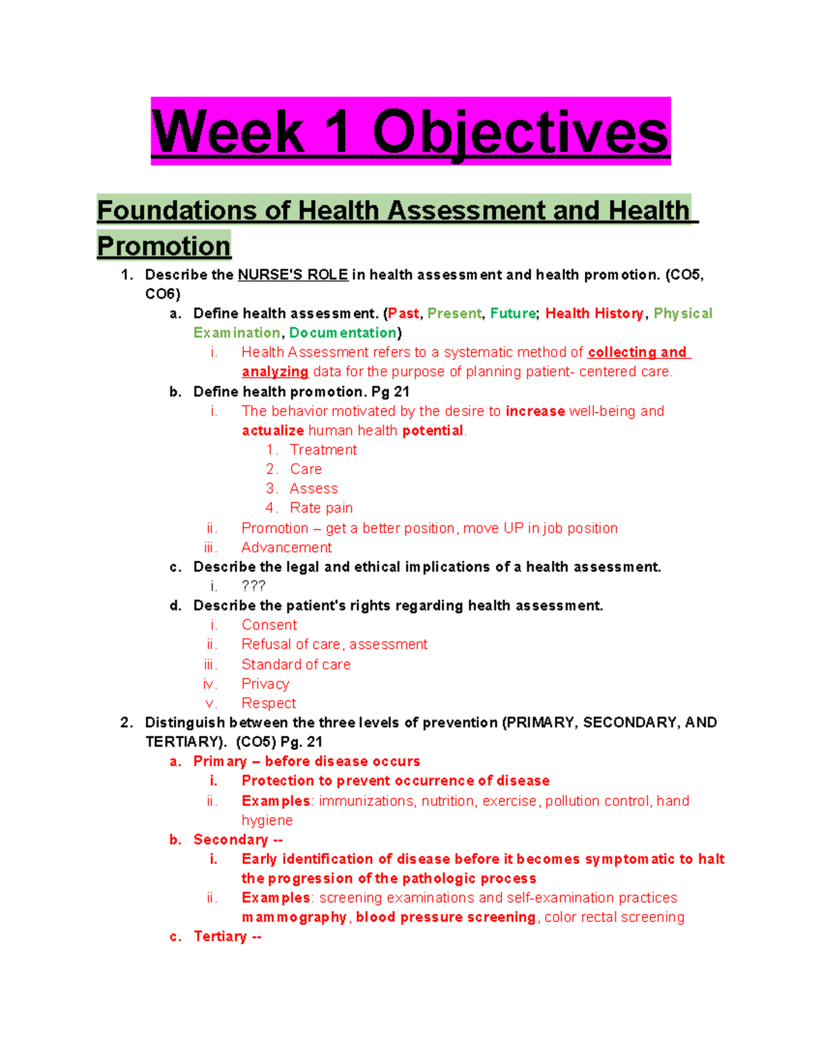 Health Assess Exam 1 Objectives - Week 1 Objectives Foundations of ...