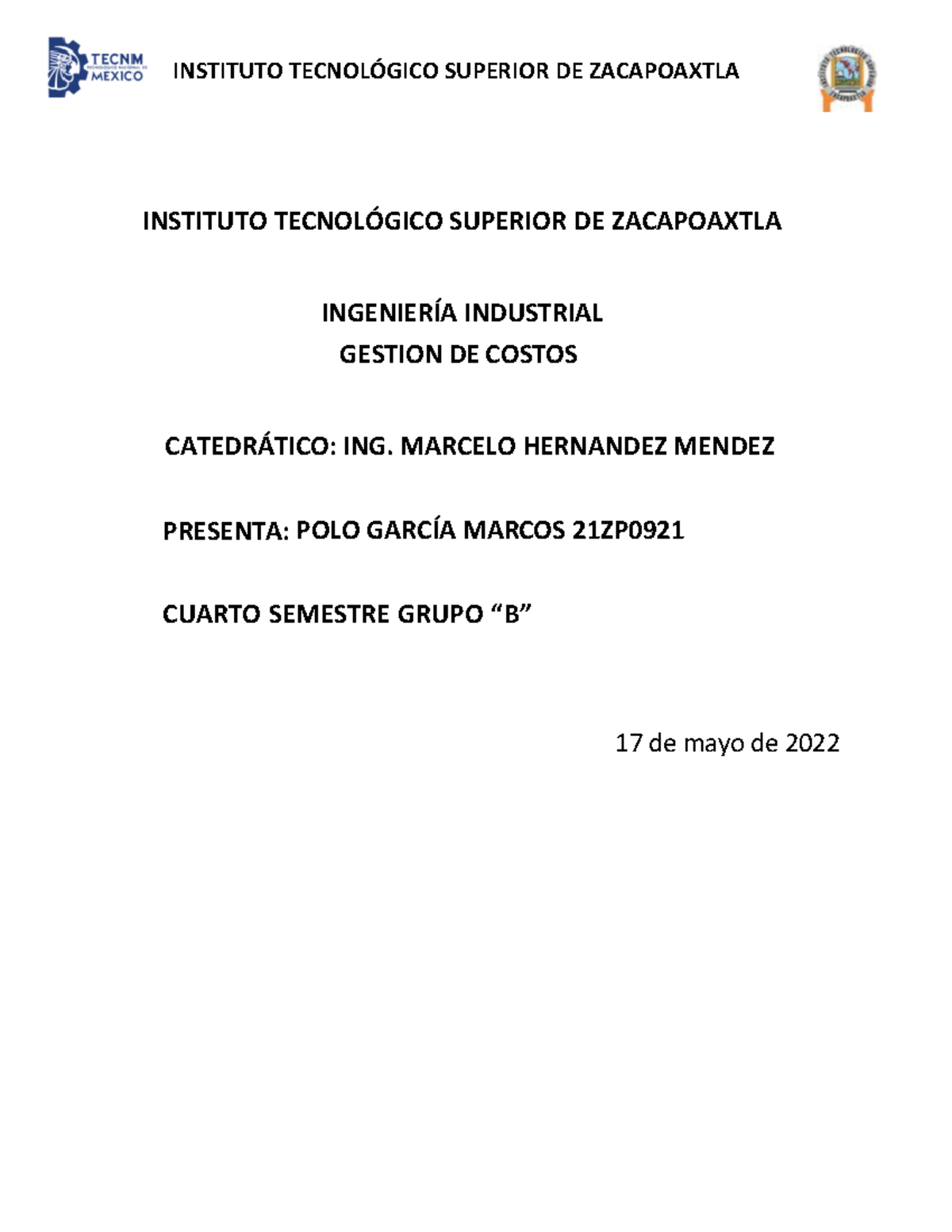Tarea G. Costos - btvvtyv - INSTITUTO TECNOL”GICO SUPERIOR DE ...