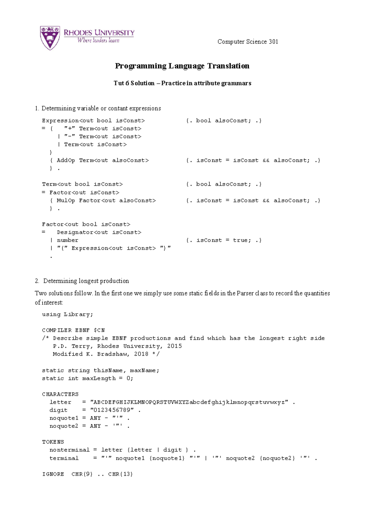 Tut6sol - Programming Language Translation Tut 6 Solution – Practice in attribute grammars - Studocu