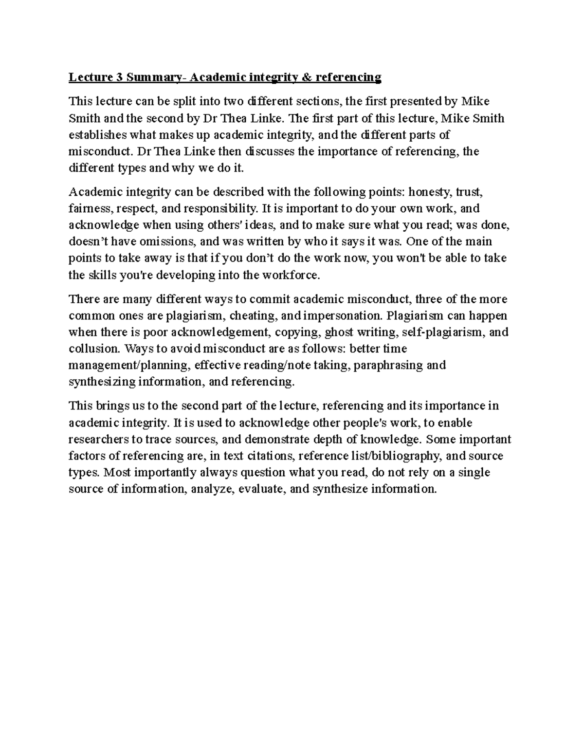 Lecture summary 3 - Lecture 3 Summary- Academic integrity & referencing This lecture can be ...