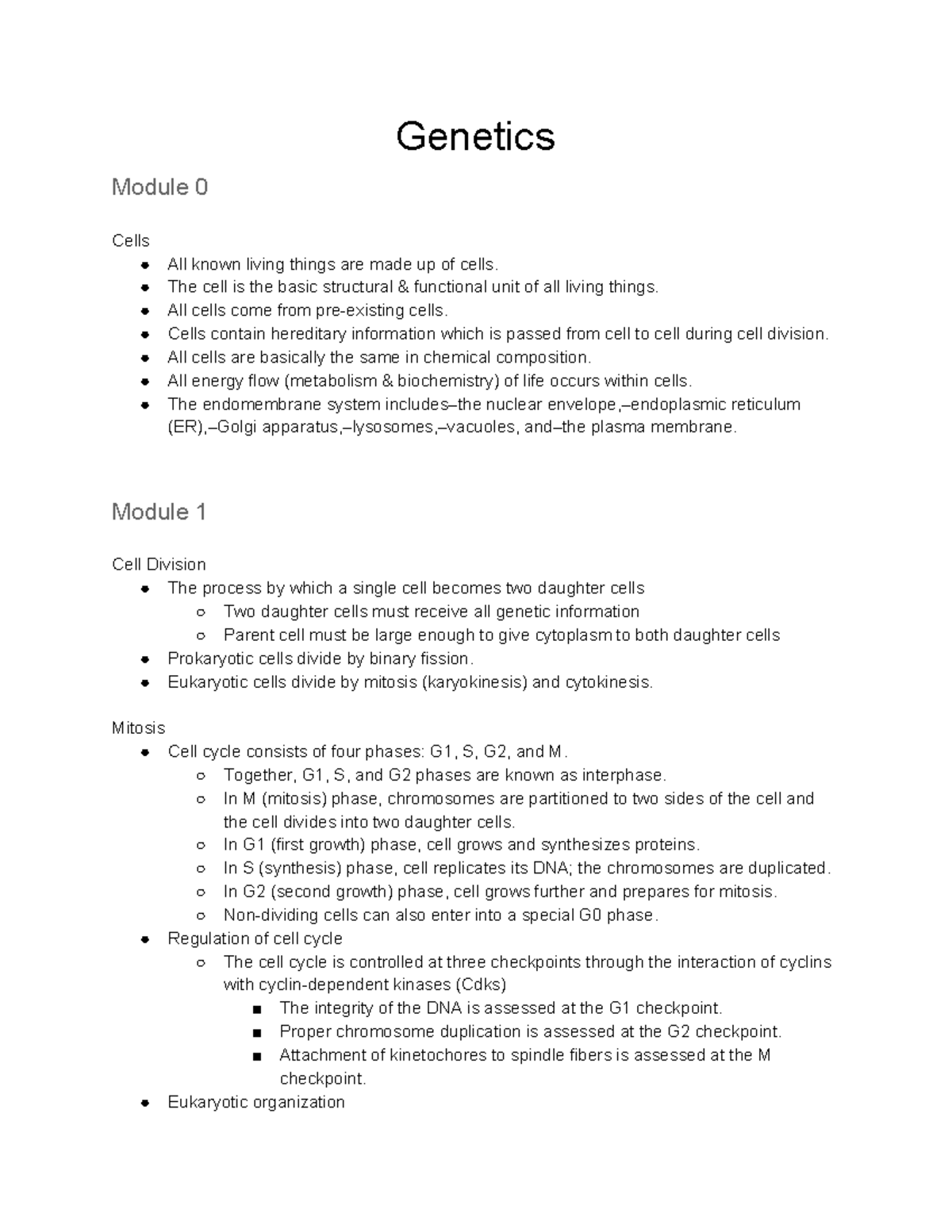 PCB3063 Genetics Notes - Genetics Module 0 Cells All known living ...