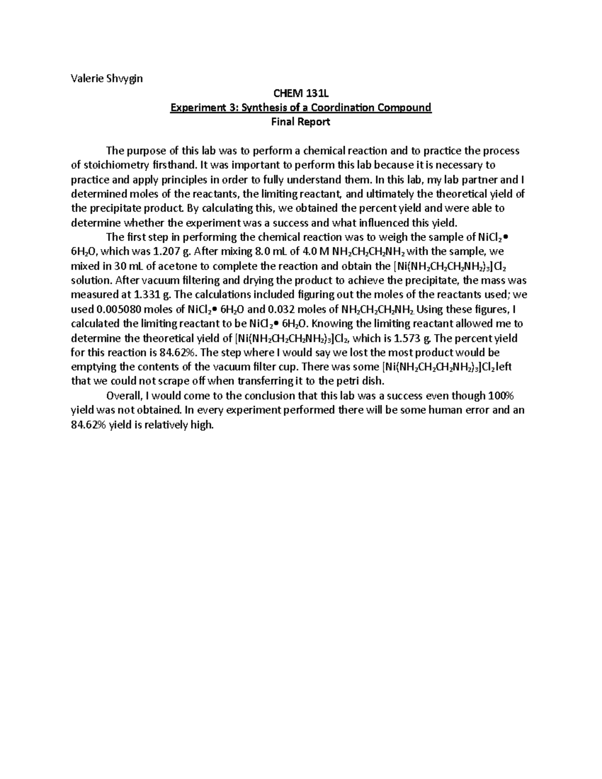 General Chemistry I Laboratory Lab 3 - Valerie Shvygin CHEM 131L ...