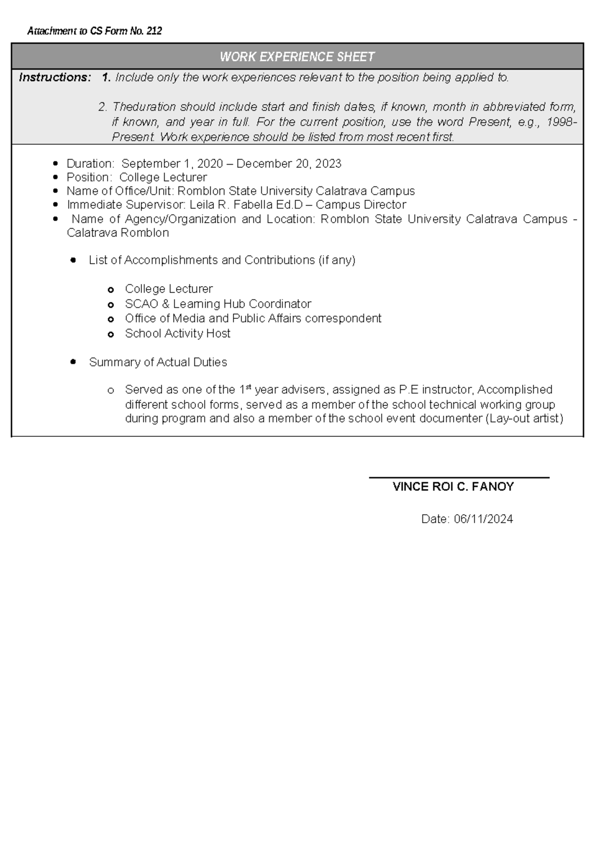 WES - experience - VINCE ROI C. FANOY Date: 06/11/ Attachment to CS ...