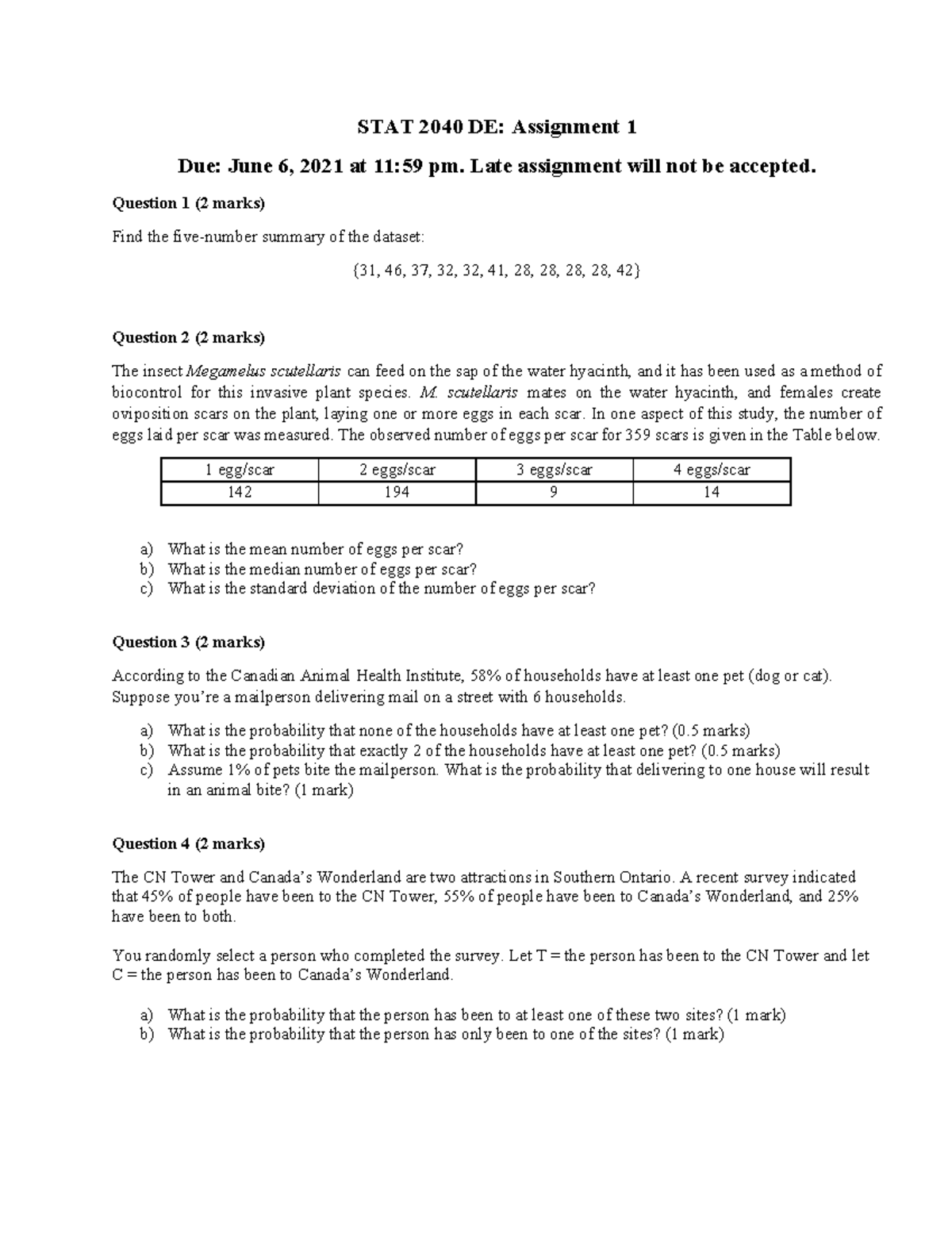 Assessment One Copy - Assignment 1 Outline - STAT 2040 DE: Assignment 1 Due: June 6, 2021 at 11: ...