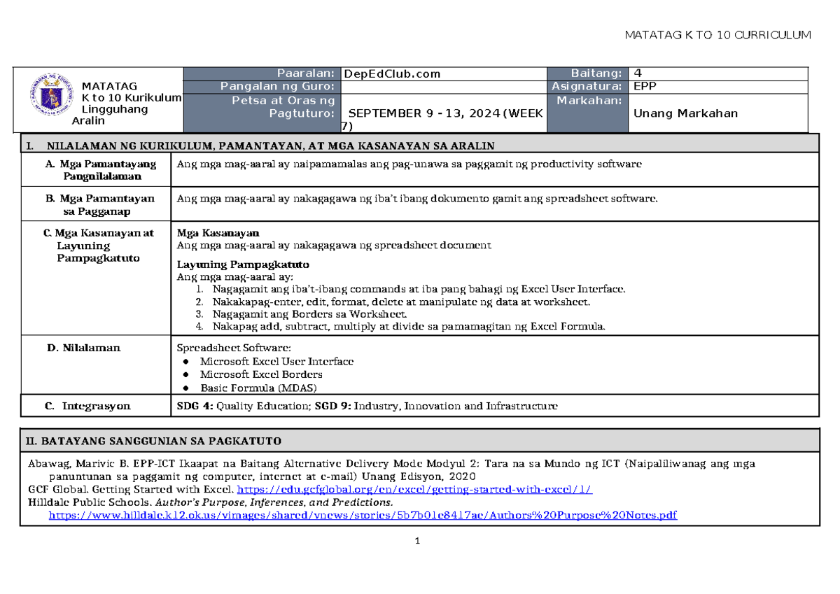 DLL Matatag EPP 4 Q1 W7 - Detailed Lesson Plan - MATATAG K to 10 ...