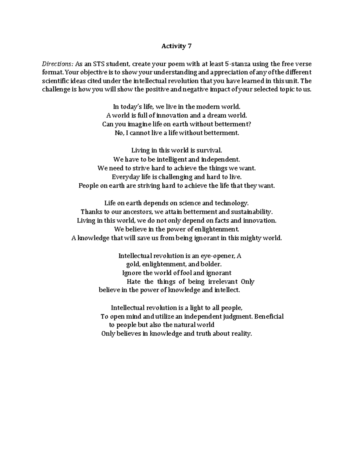 STS POEM About World Civilization - Activity 7 Directions: As an STS ...