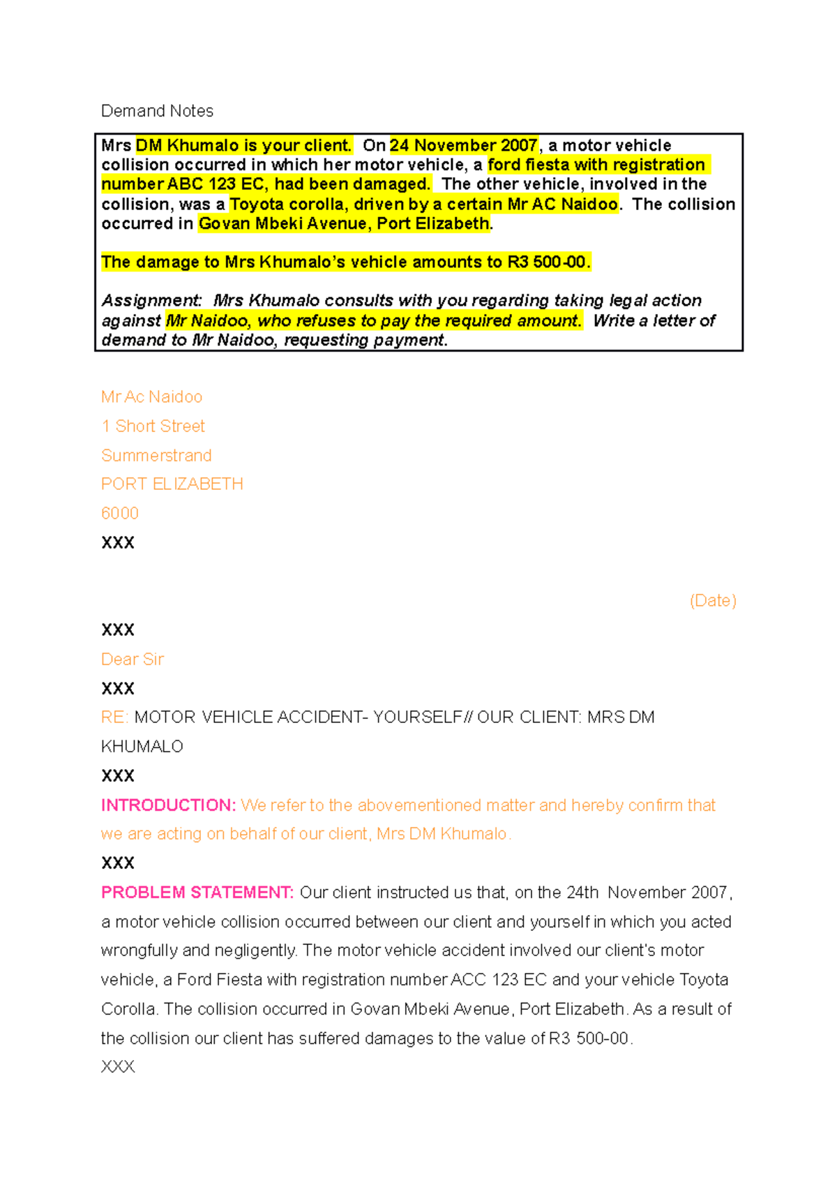 Demand Notes - Summary - Demand Notes Mrs DM Khumalo is your client. On ...