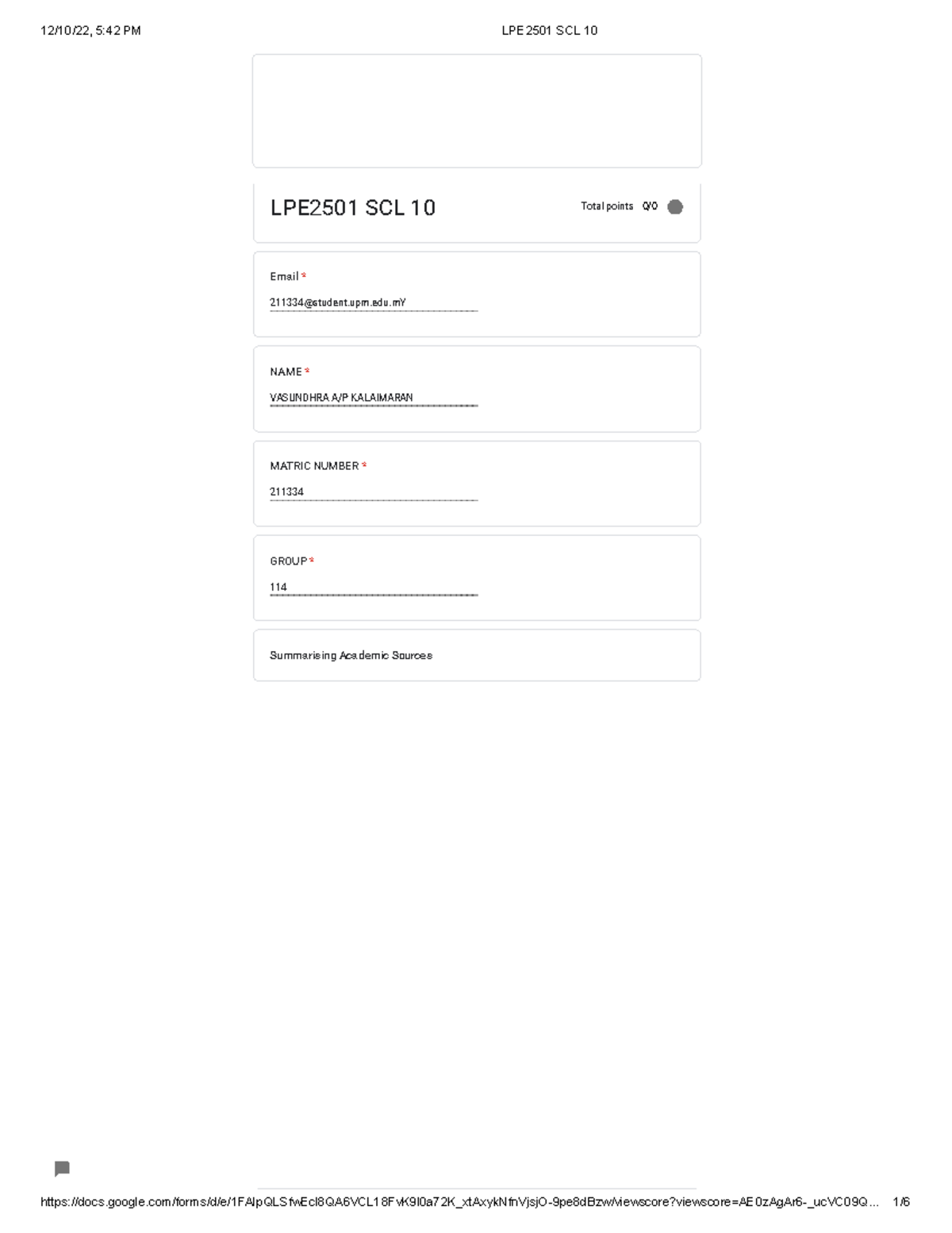 SCL 10 - 211334 - SCL 10 - Email * 211334@student.upm.edu VASUNDHRA A/P ...